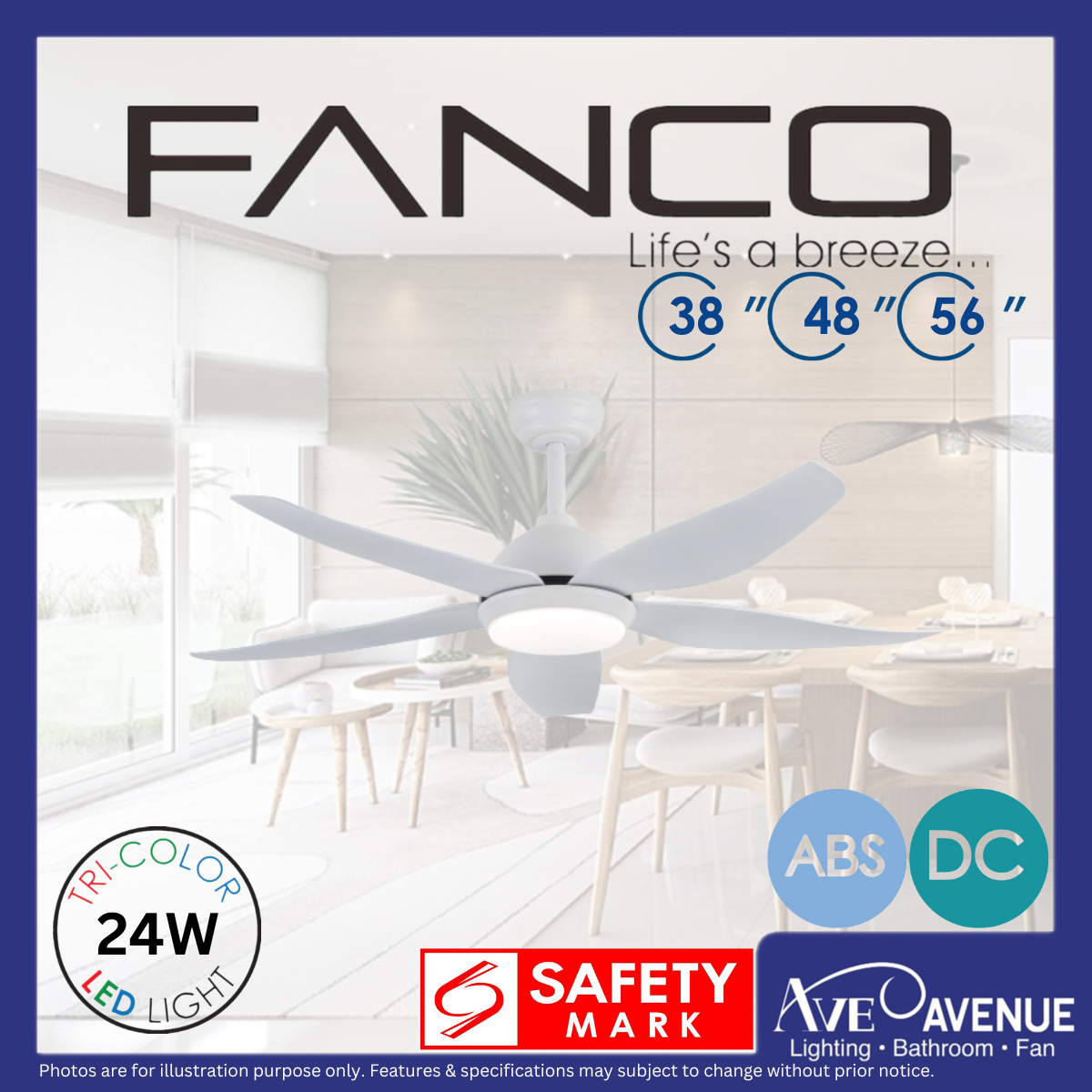 FANCO Galaxy-5 DC Motor Ceiling Fan with 3 Tone LED Light Kit and ...