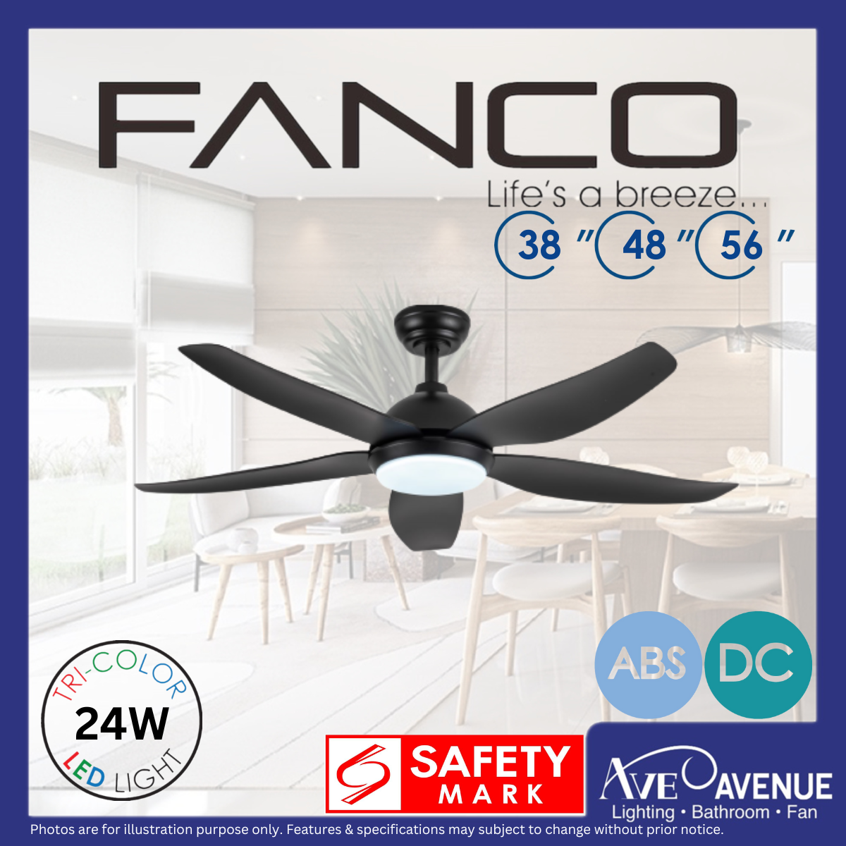 FANCO Galaxy-5 DC Motor Ceiling Fan with 3 Tone LED Light Kit and ...