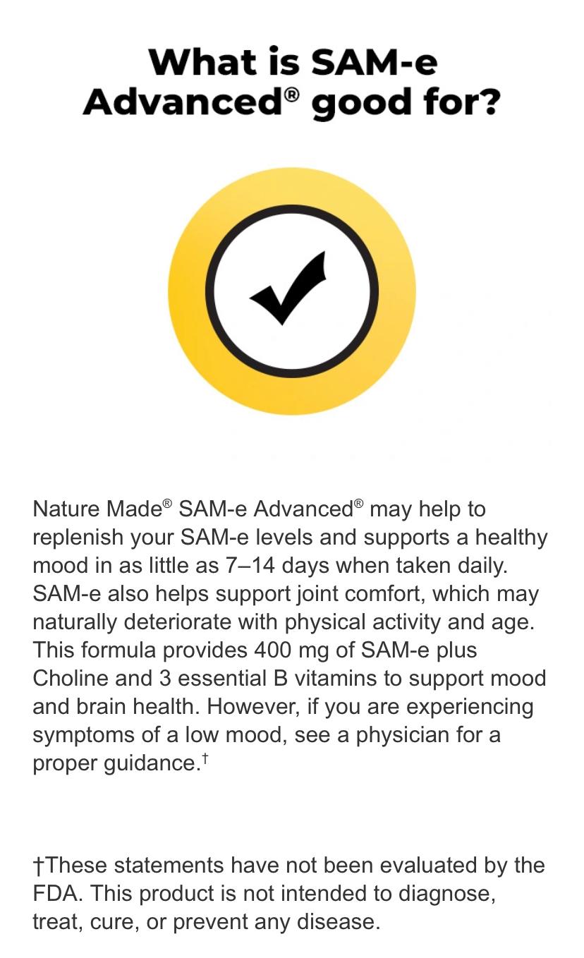 Nature Made SAM-e Advanced, 400 mg, 60 Tablets(Exp:10/2024) | Shopee ...