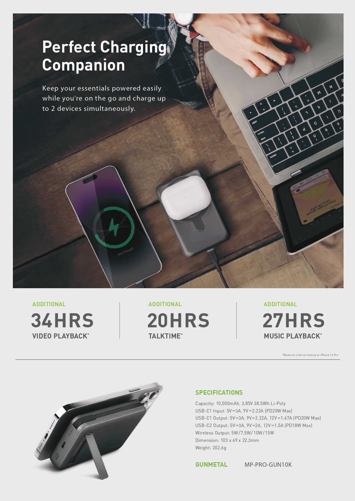 ENERGEA MagPac Pro 10000mAh MagSafe Power Bank with Built in Cable and ...