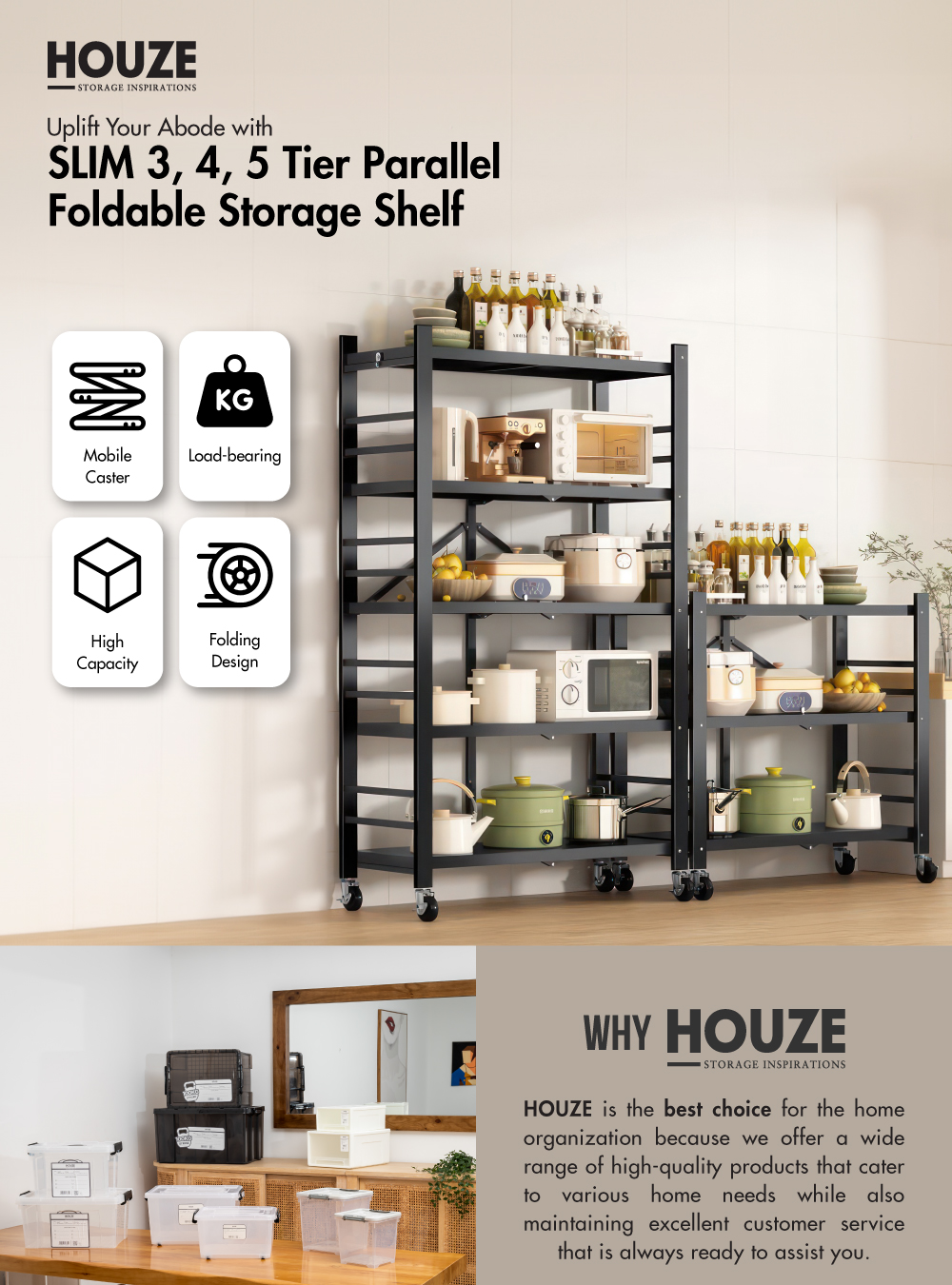 [HOUZE] SLIM 3 | 4 | 5 Tier Parallel Foldable Storage Shelf - Organizer ...