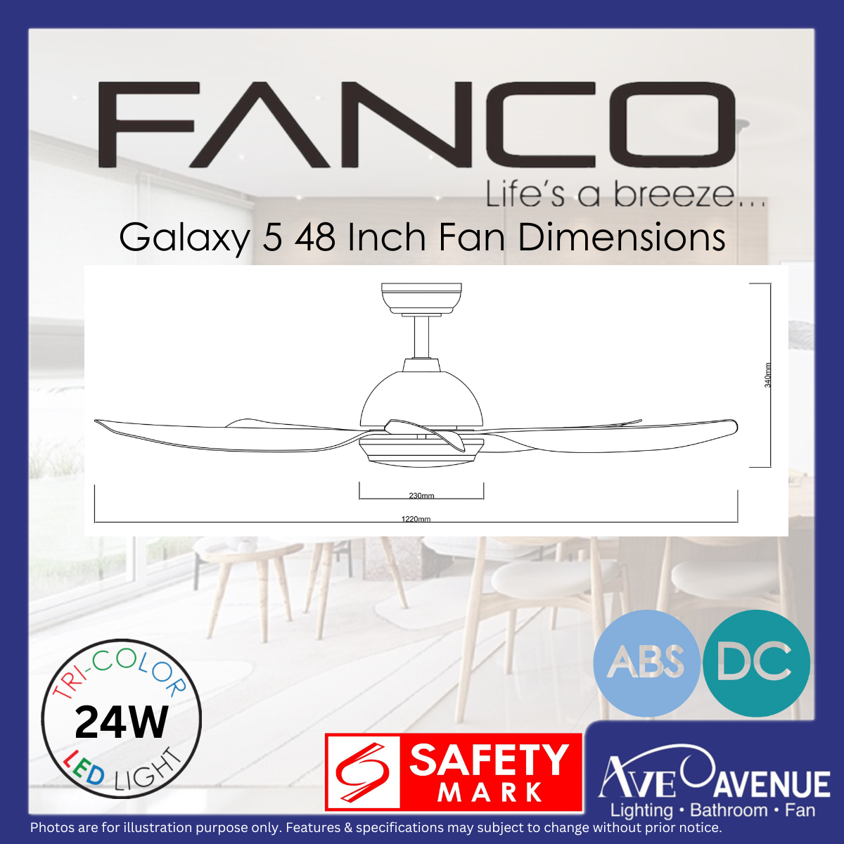 FANCO Galaxy-5 DC Motor Ceiling Fan with 3 Tone LED Light Kit and ...