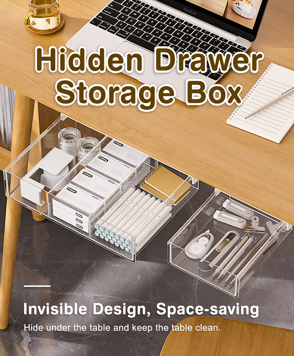 Hidden Drawer Storage Box Under Table Office Home Large Multi-function ...