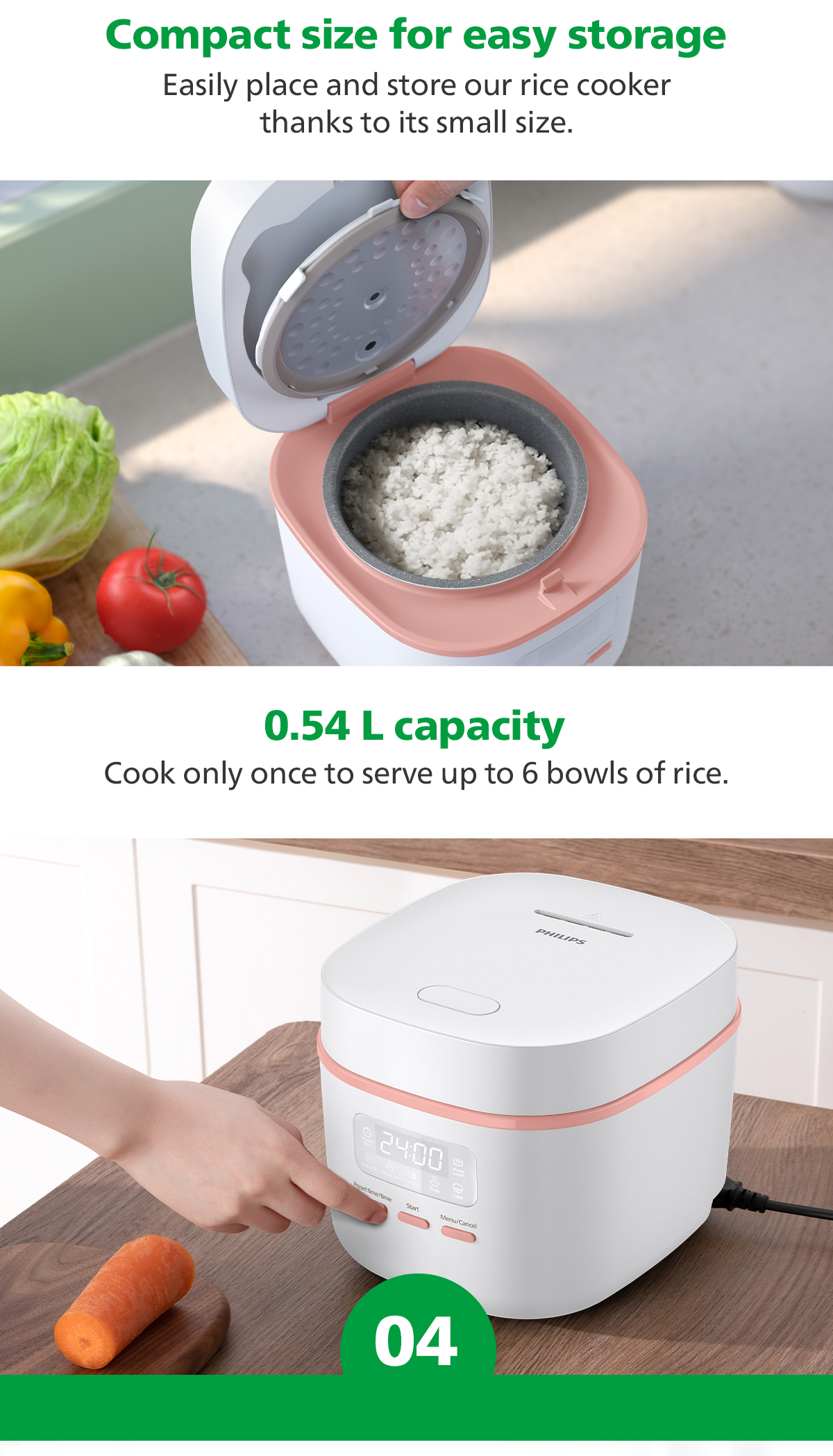 PHILIPS HD3064/62 | Smart Mini Digital Rice Cooker | 0.54L | 8 Cooking ...