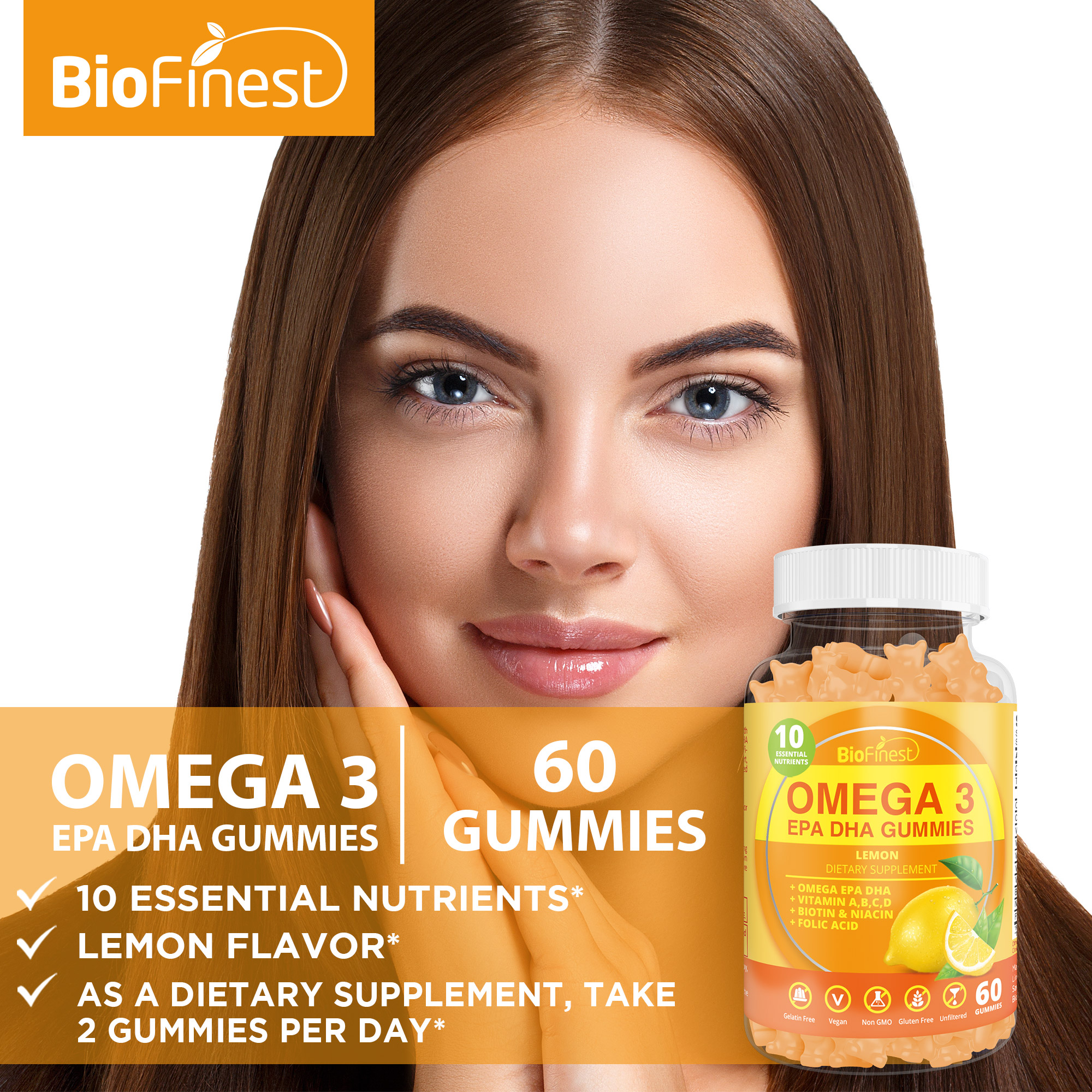 Biofinest Omega 3 EPA DHA Gummy Supplement - Biotin Folic Acid Vitamin ...