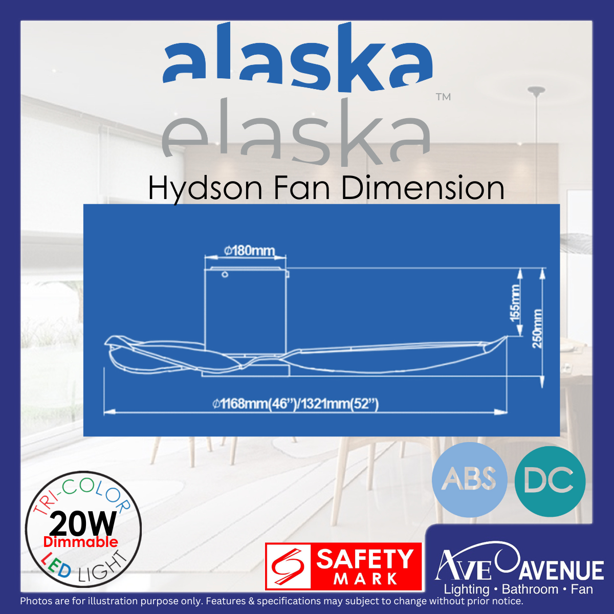 ALASKA Hydson/eHydson 46/52 Inch DC Motor Ceiling Fan w Dimmable LED 3 ...