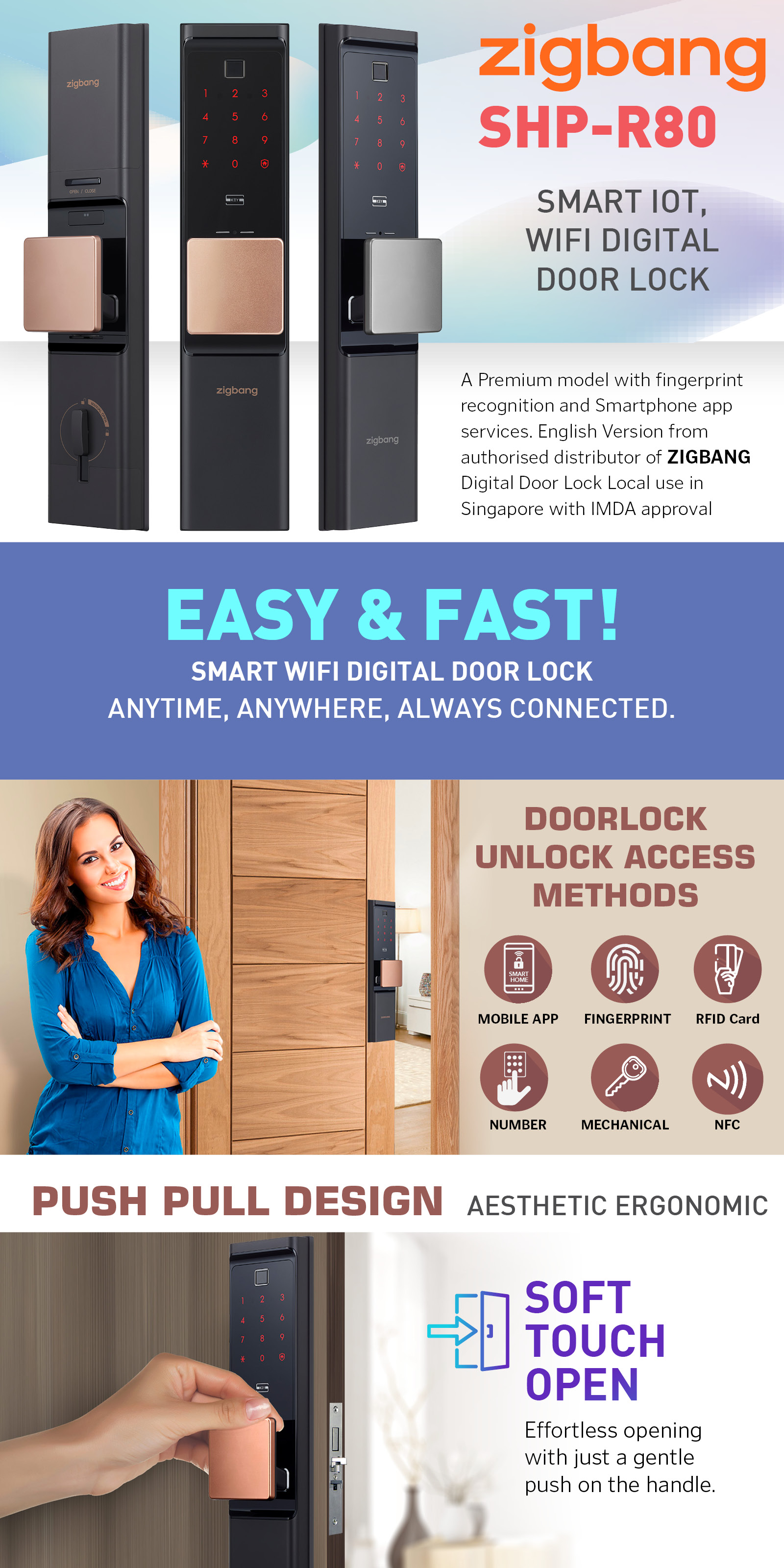 ZIGBANG SHP-R80 WIFI DIGITAL LOCK. FINGERPRINT/CARD/PIN/KEY + WIFI APP (FREE INSTALLATION + 3 ...