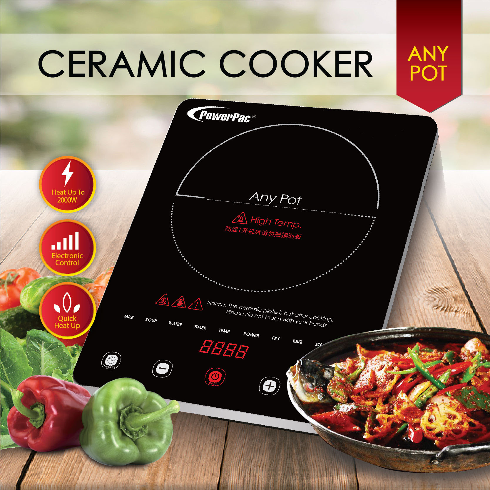 PowerPac Ceramic Cooker Steamboat (Any Pot), BBQ Grill 2000 Watts ...