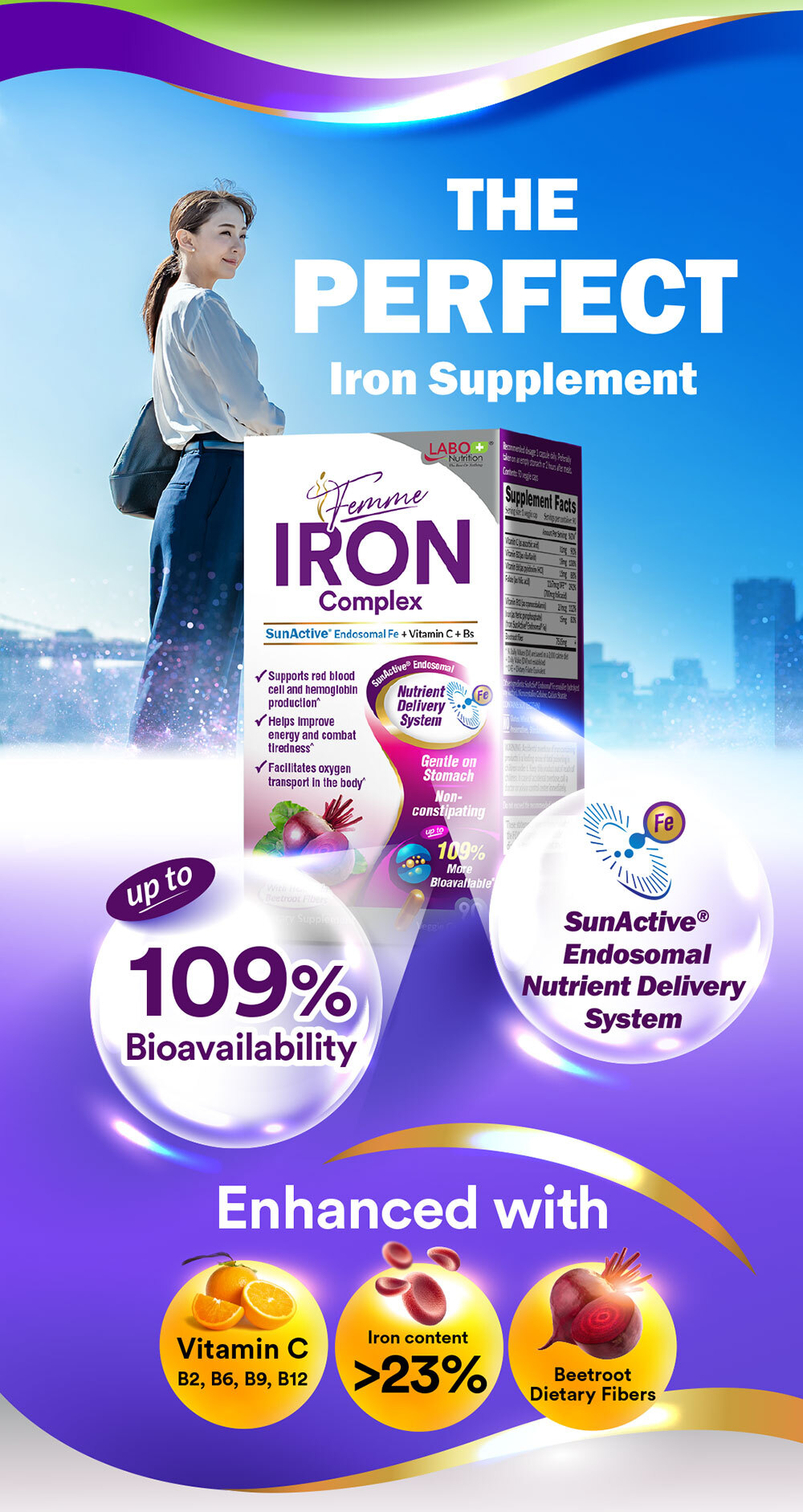 [2 Boxes] LABO Femme Iron Complex + Vitamin C Non Constipating No Metallic Taste For Tiredness ...