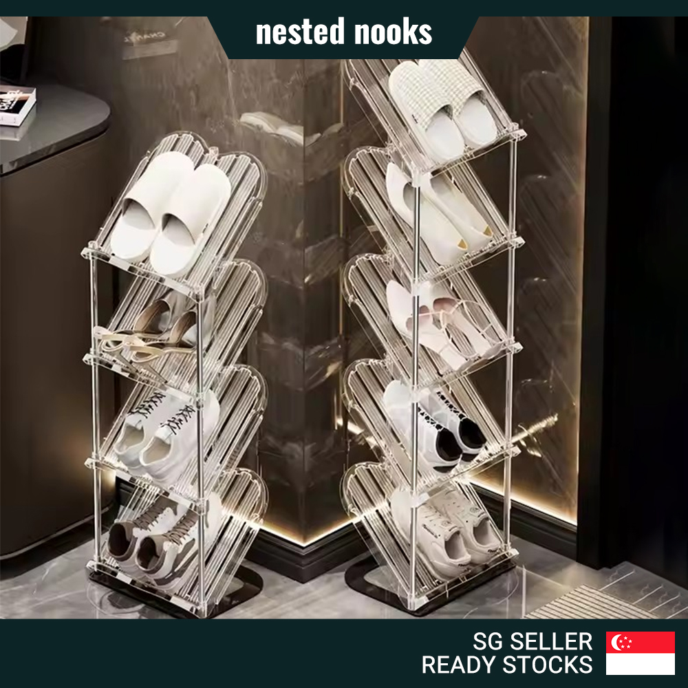 Angled Space-Saving Shoe Rack with Slanted Shelves Slim Compact Shoe ...