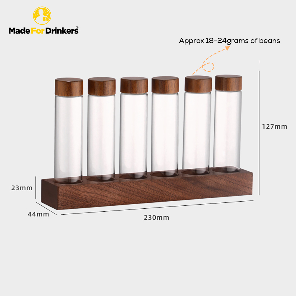 Coffee Bean Test Tube Dosing set with a sleek solid walnut wood holder ...