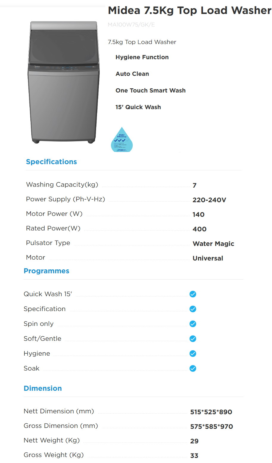 MIDEA MA100W75G | MA200W75T 7.5KG 3 TICK / 4 TICK GREY TOP LOAD WASHING ...