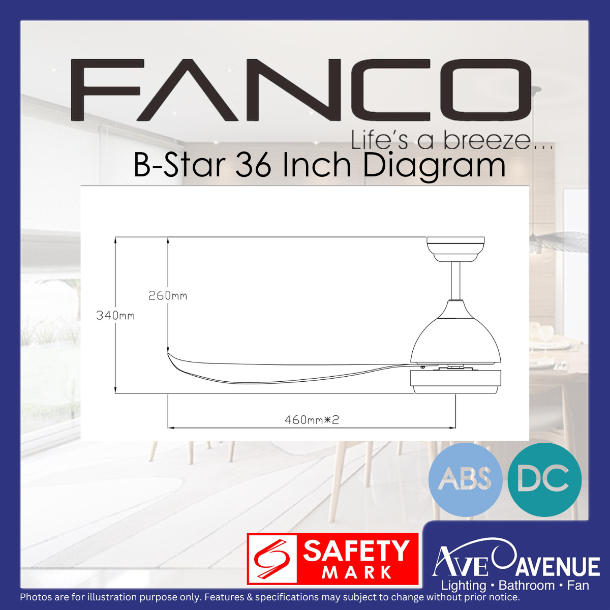 FANCO B-STAR DC Motor Ceiling Fan with 3 Tone LED Light Kit and Remote ...