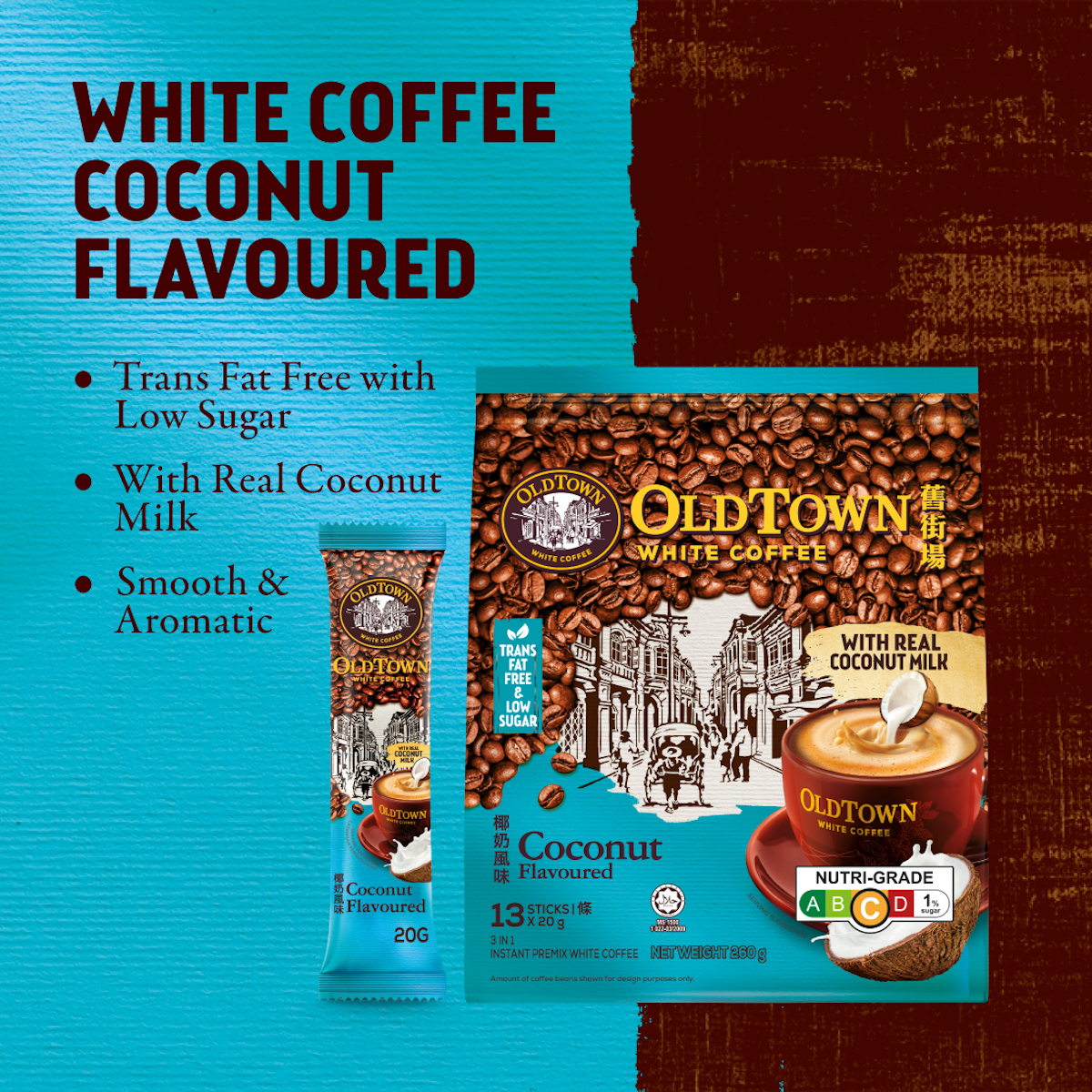 OLDTOWN Coconut Flavoured Instant 3in1 Premix White Coffee, 13 Sticks ...