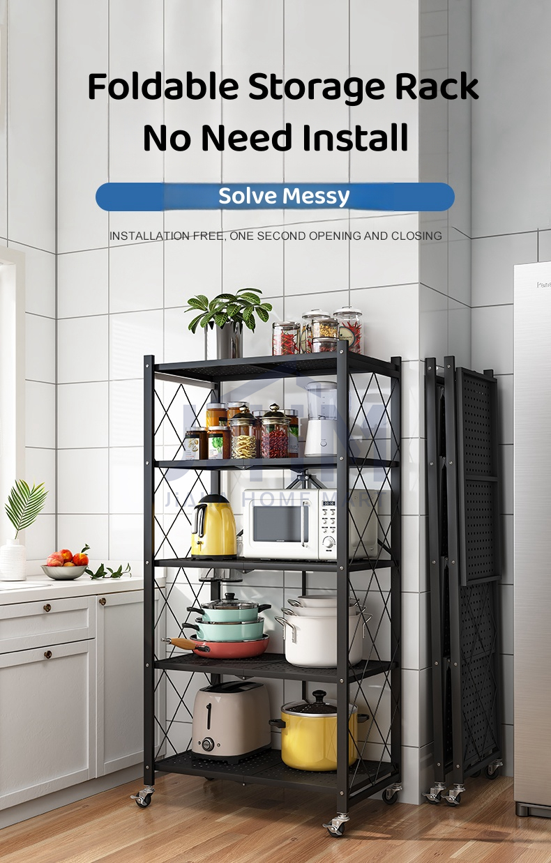 [Reinforce Steel] Installation-free kitchen folding storage rack floor ...