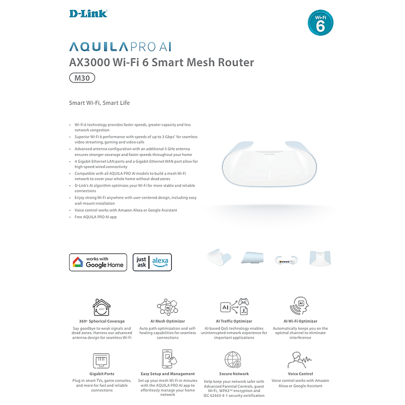 D-Link M30 AX3000 WiFi 6 Dual Band 2.4G / 5G Smart Mesh Wifi Router ...