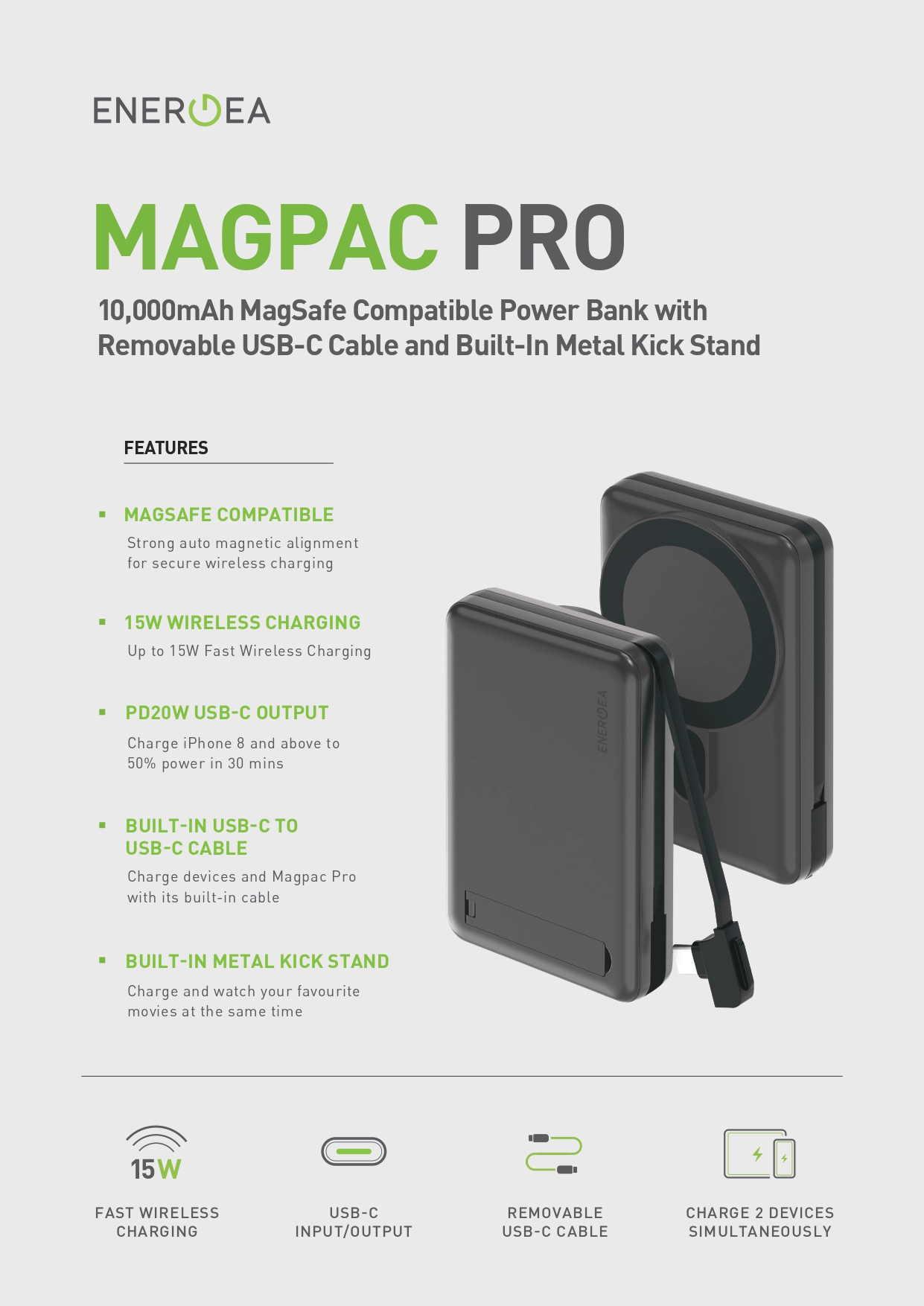 ENERGEA MagPac Pro 10000mAh MagSafe Power Bank with Built in Cable and ...