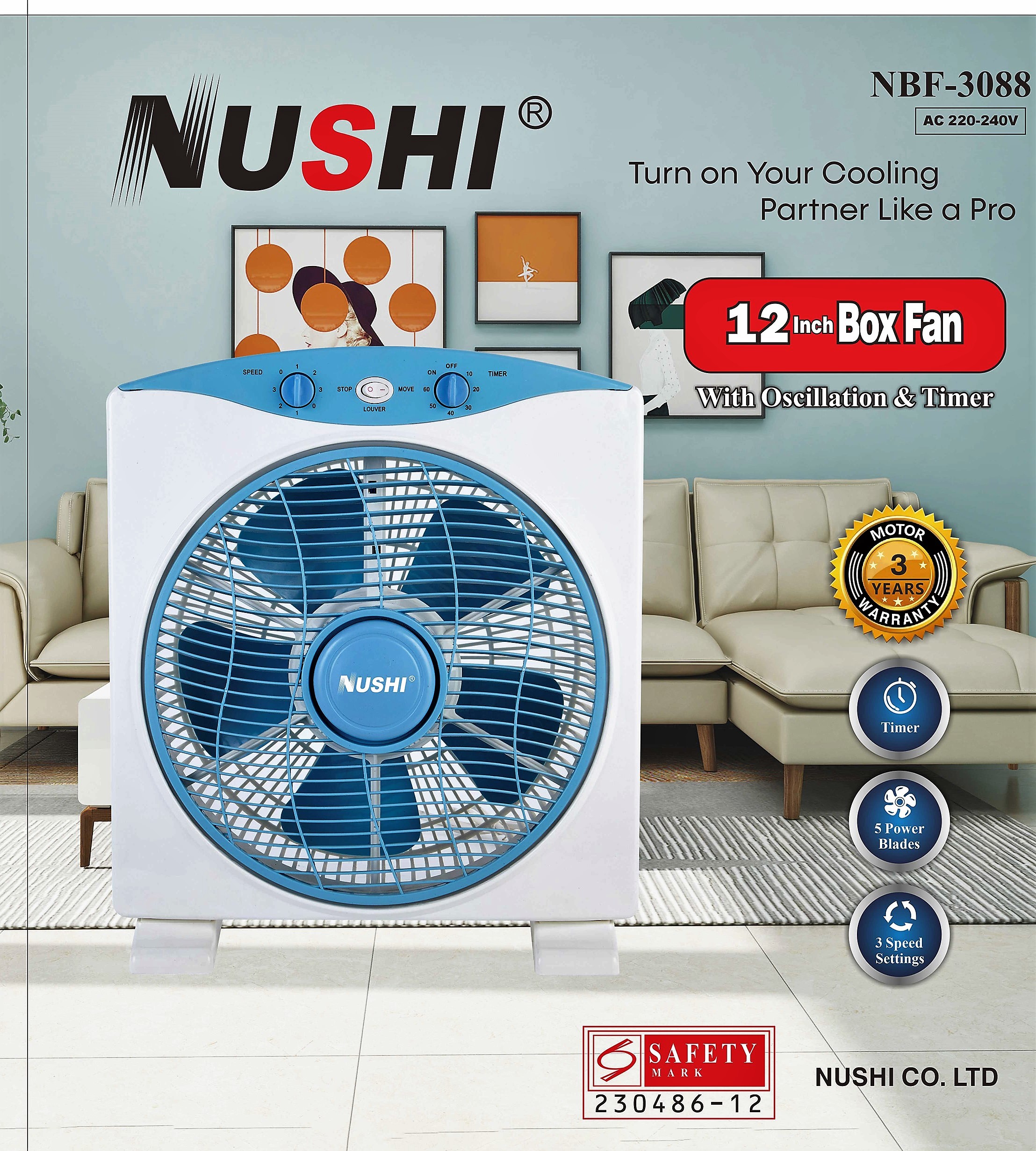 NUSHI NBF-3088 BOX FAN / DESK FN / TABLE FAN / 45 WATTS / COPPOR MOTOR / TIMER / OSCILLATION ...