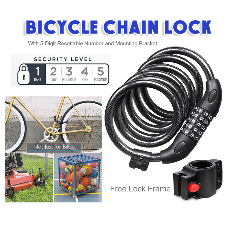 Bicycle Anti-Theft Lock (5 Digit Combination) MTB Road Bike Chain Lock ...