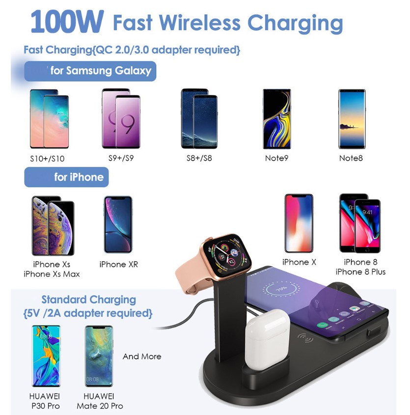 6 in 1 Wireless Charging pad Stand 15W Fast Charger Dock Station Multi ...