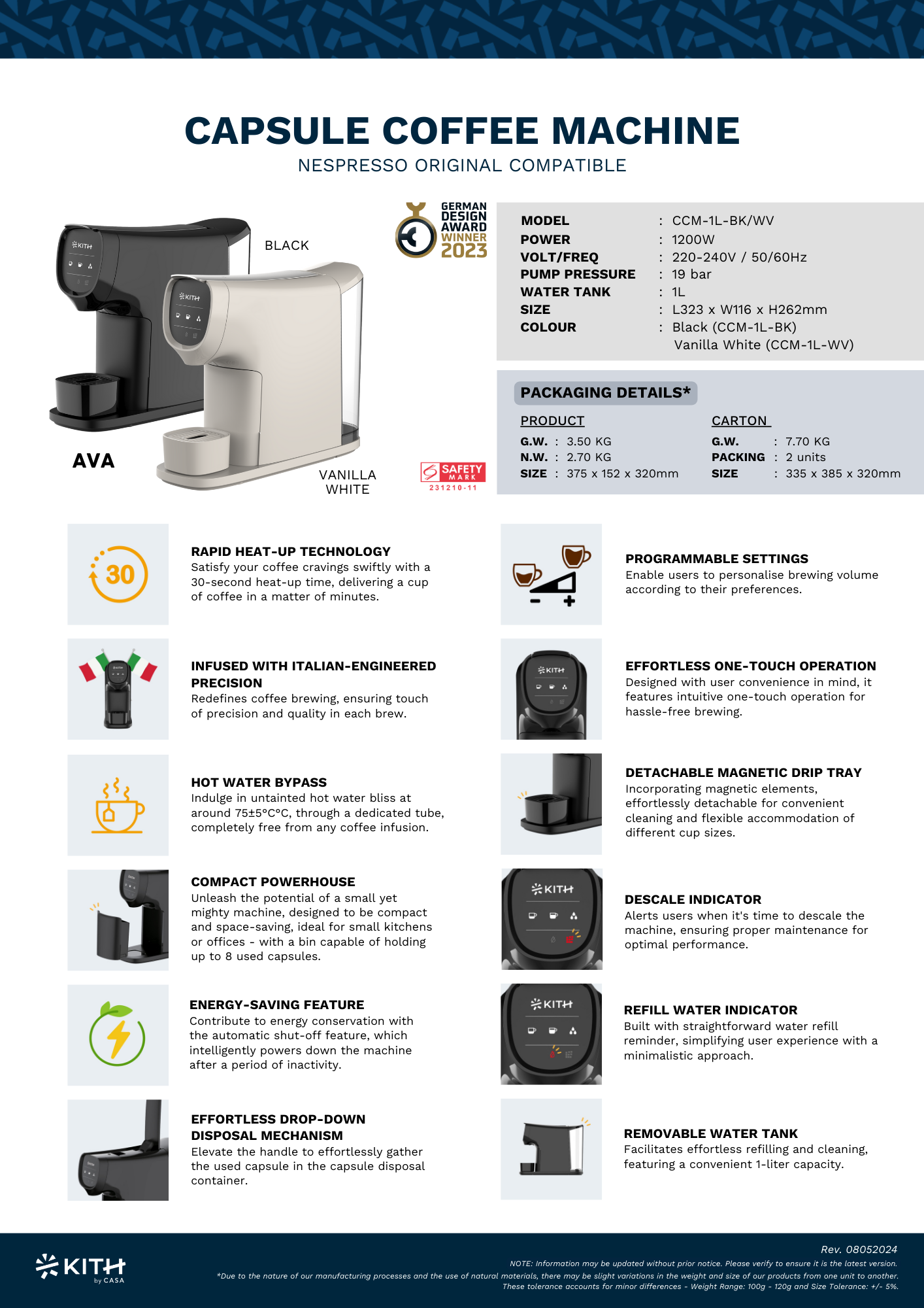 KITH AVA Capsule Coffee Machine | CCM-1L-BK | CCM-1L-WV | Shopee Singapore