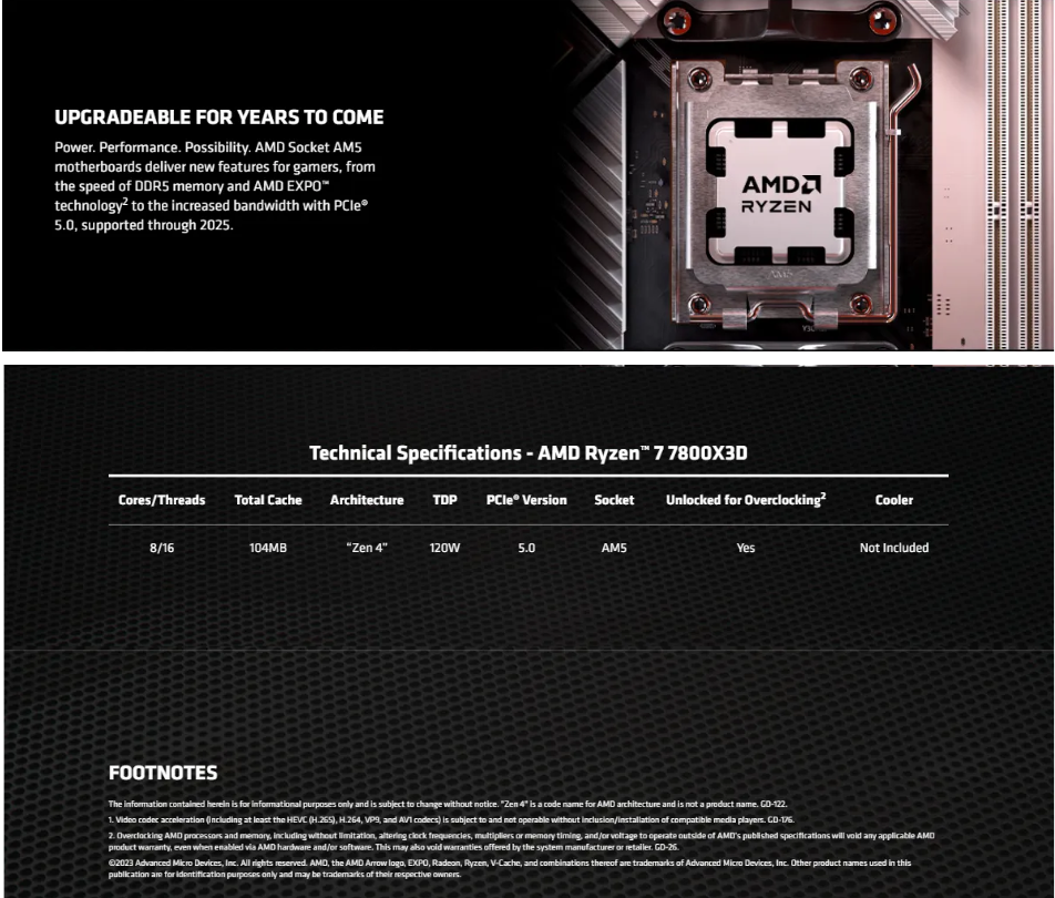 AMD Ryzen 7 7800X3D 7800X 3D - Ryzen 7 7000 Series 8-Core Socket AM5 120W AMD Radeon Graphics ...