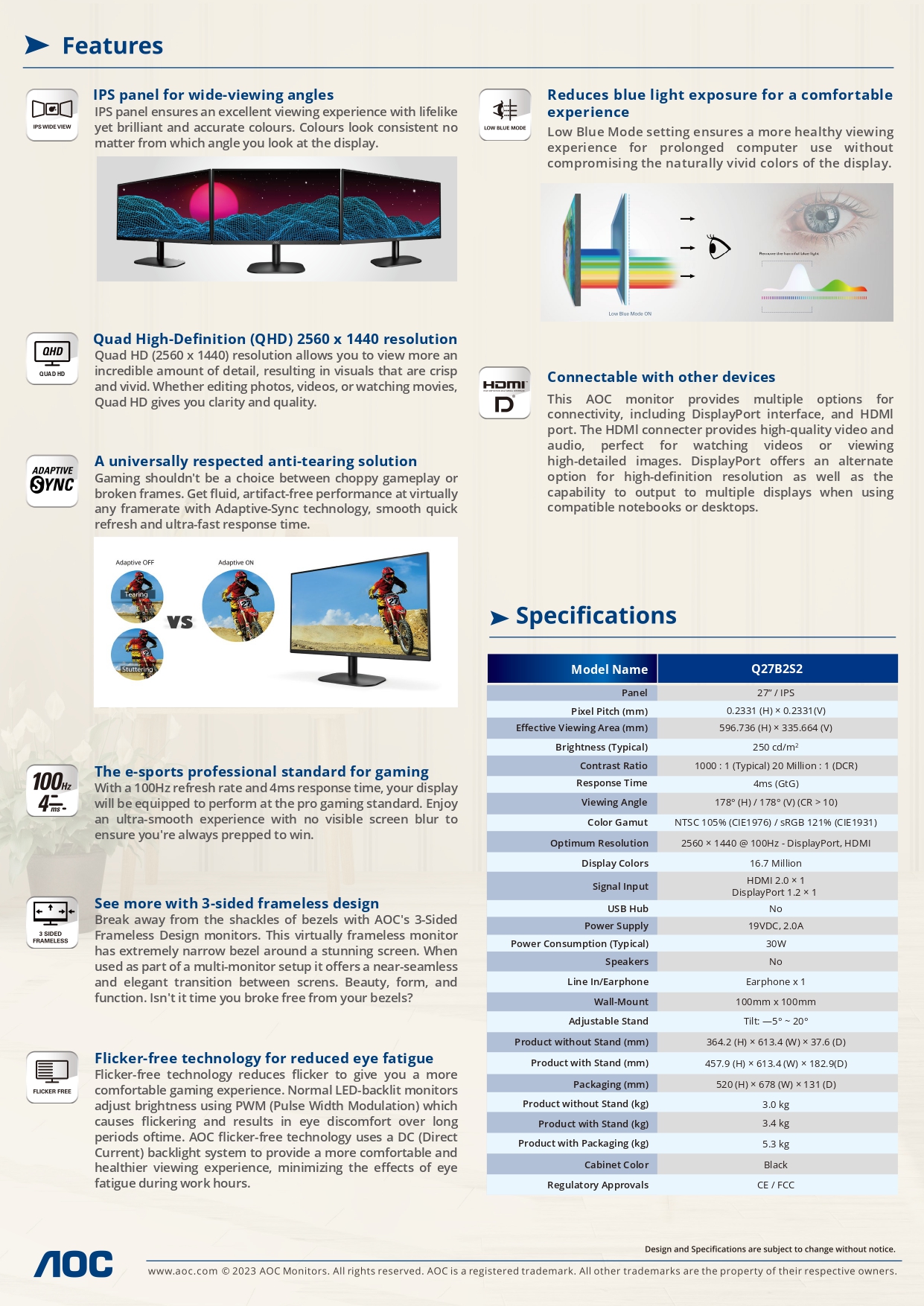 AOC Q27B2S2 27" QHD Adaptive Sync Anti Tearing IPS 3-sided frameless ...
