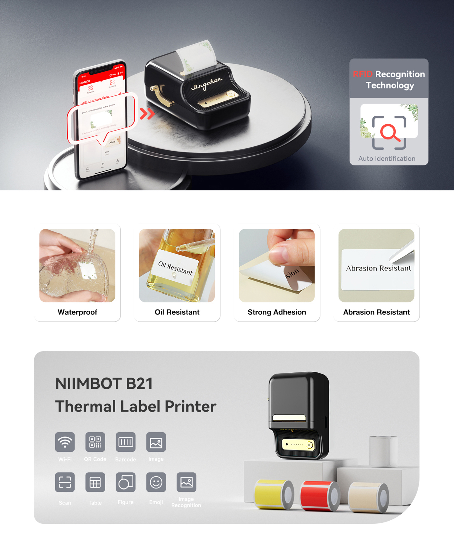 NIIMBOT B21 50mm Thermal Label Maker, Wireless Bluetooth Portable Inkless Sticker Label Printer ...