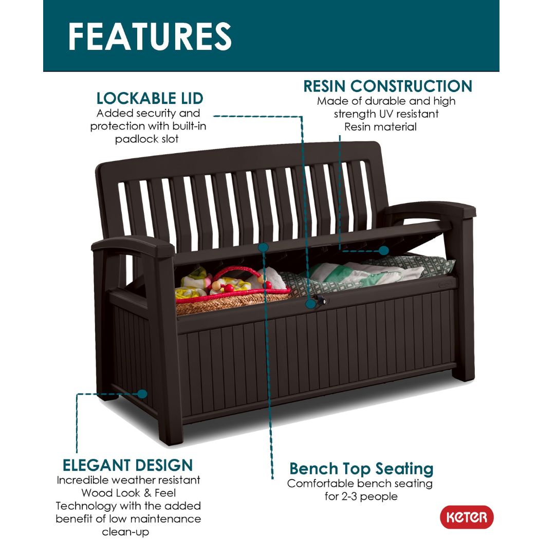 KETER Patio Outdoor Storage Bench Brown Garden Storage Deck Box Large ...