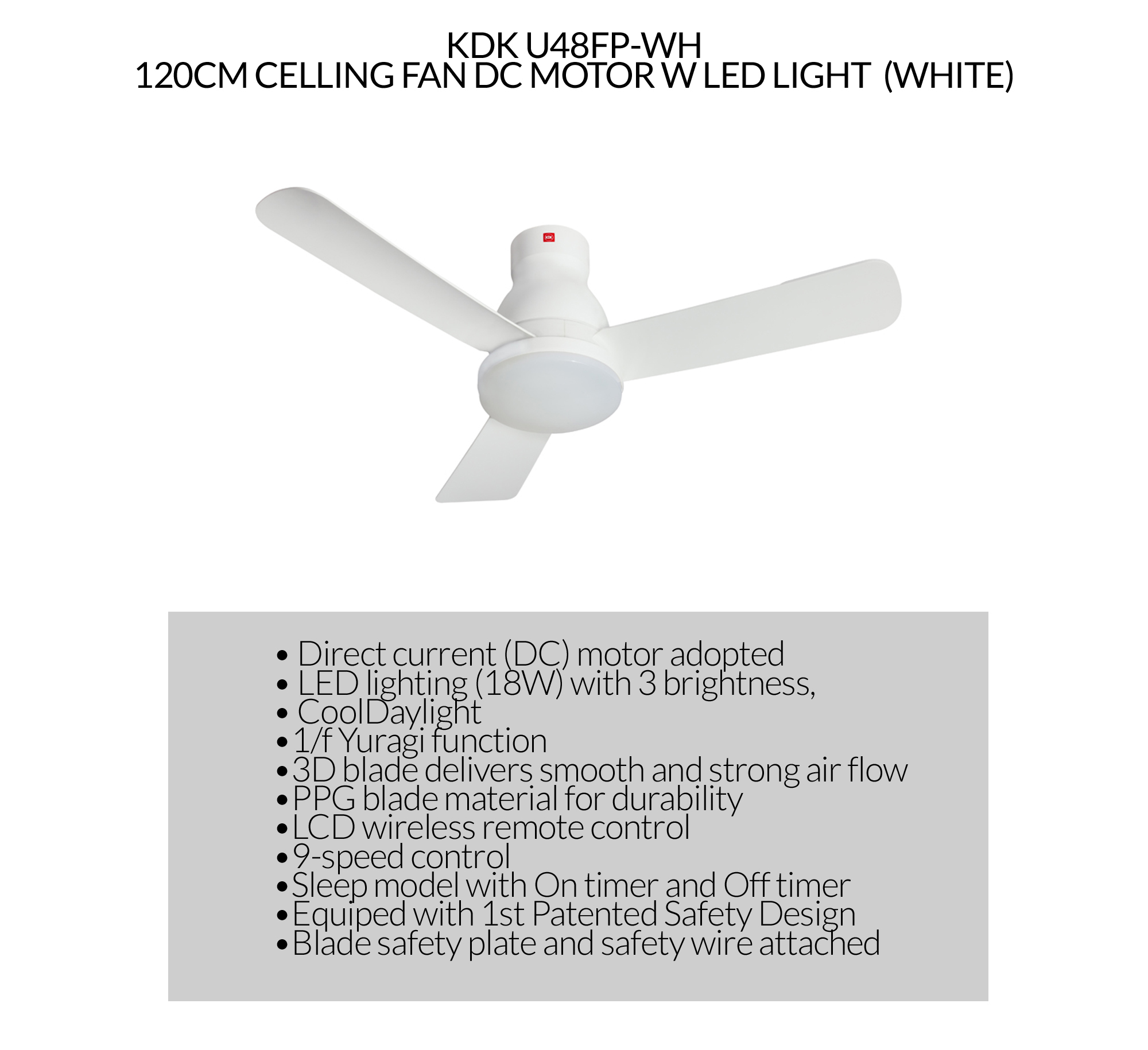 KDK U48FP-WH 120CM CEILING FAN DC MOTOR W LED LIGHT ***1 YEAR WARRANTY ...