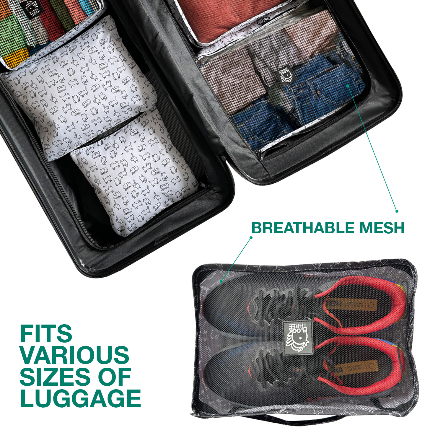 FLOCK THREE 6pcs Luggage Organisers Suitcases Packing Cubes Bags Set ...