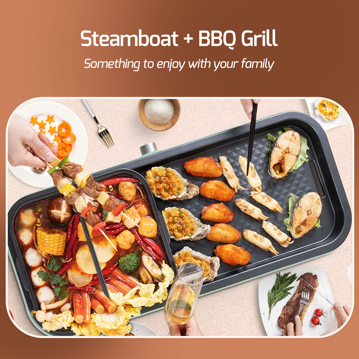PowerPac Steamboat with BBQ Grill, 2 in 1 Multi Cooker with Non-stick ...