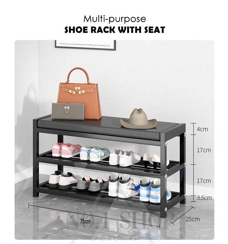 🇸🇬【75cm】 Multi-purpose Shoe Rack Bench with Faux Leather Seat / Shoe ...