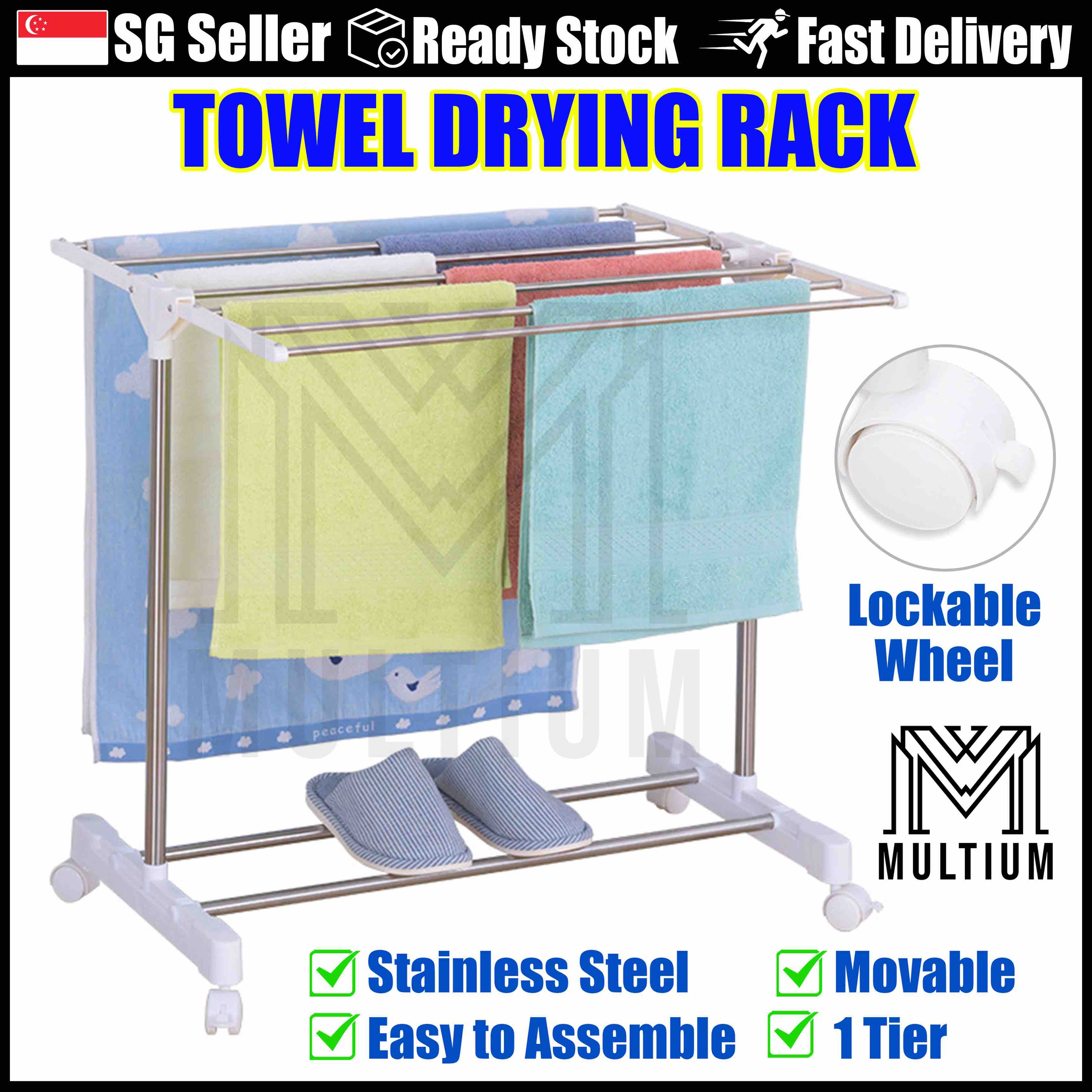 Clothes Towel Drying Rack 1 Tier with Wheel | Bathroom Hanger Towel ...
