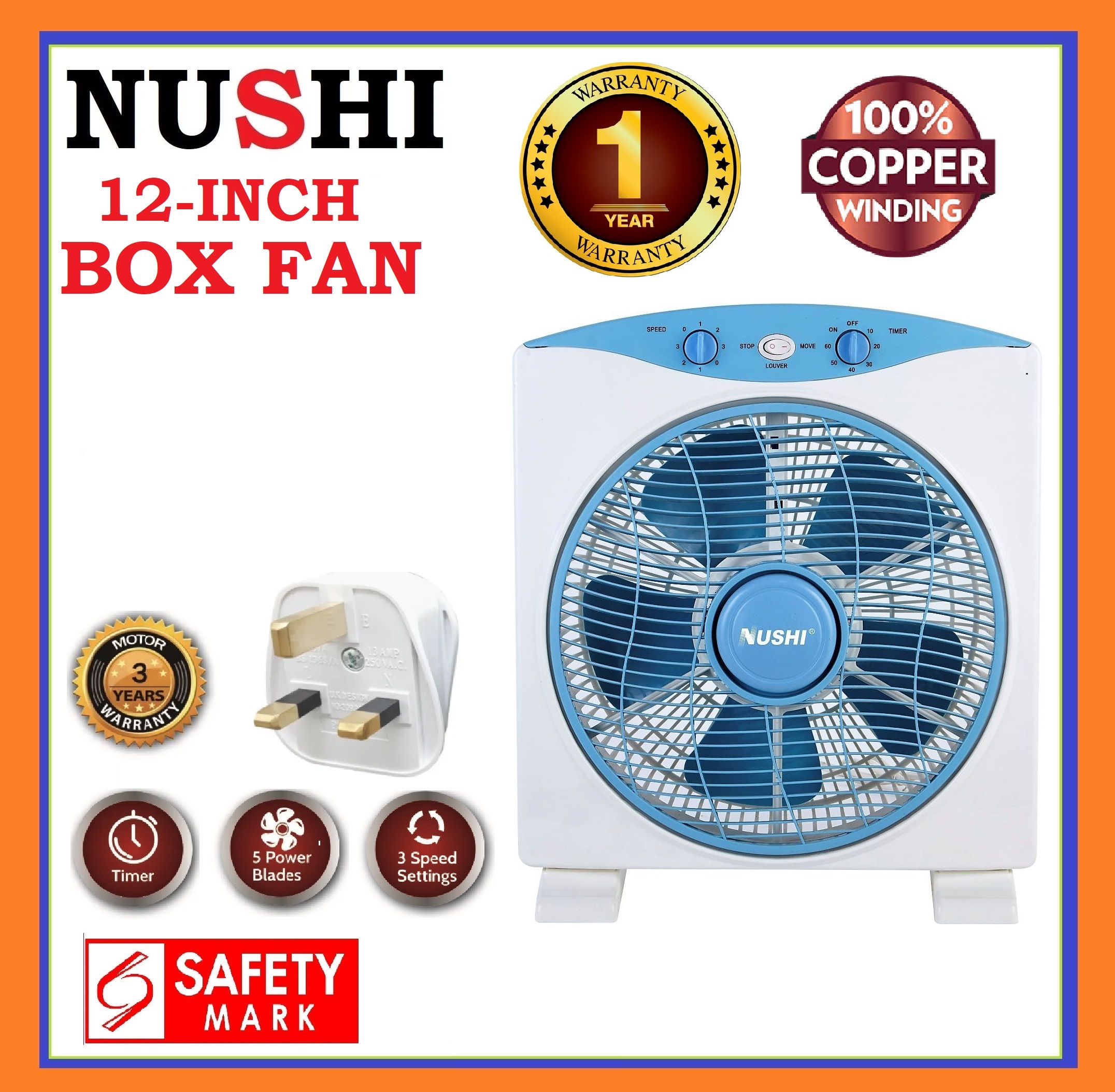 NUSHI NBF-3088 BOX FAN / DESK FN / TABLE FAN / 45 WATTS / COPPOR MOTOR ...