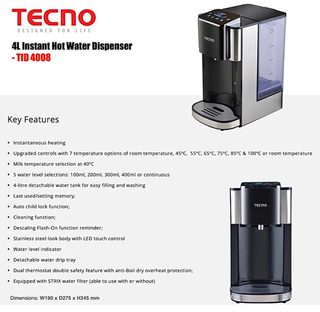 Tecno 4L Instant Hot Water Dispenser (Temperature Select) Water Filter ...