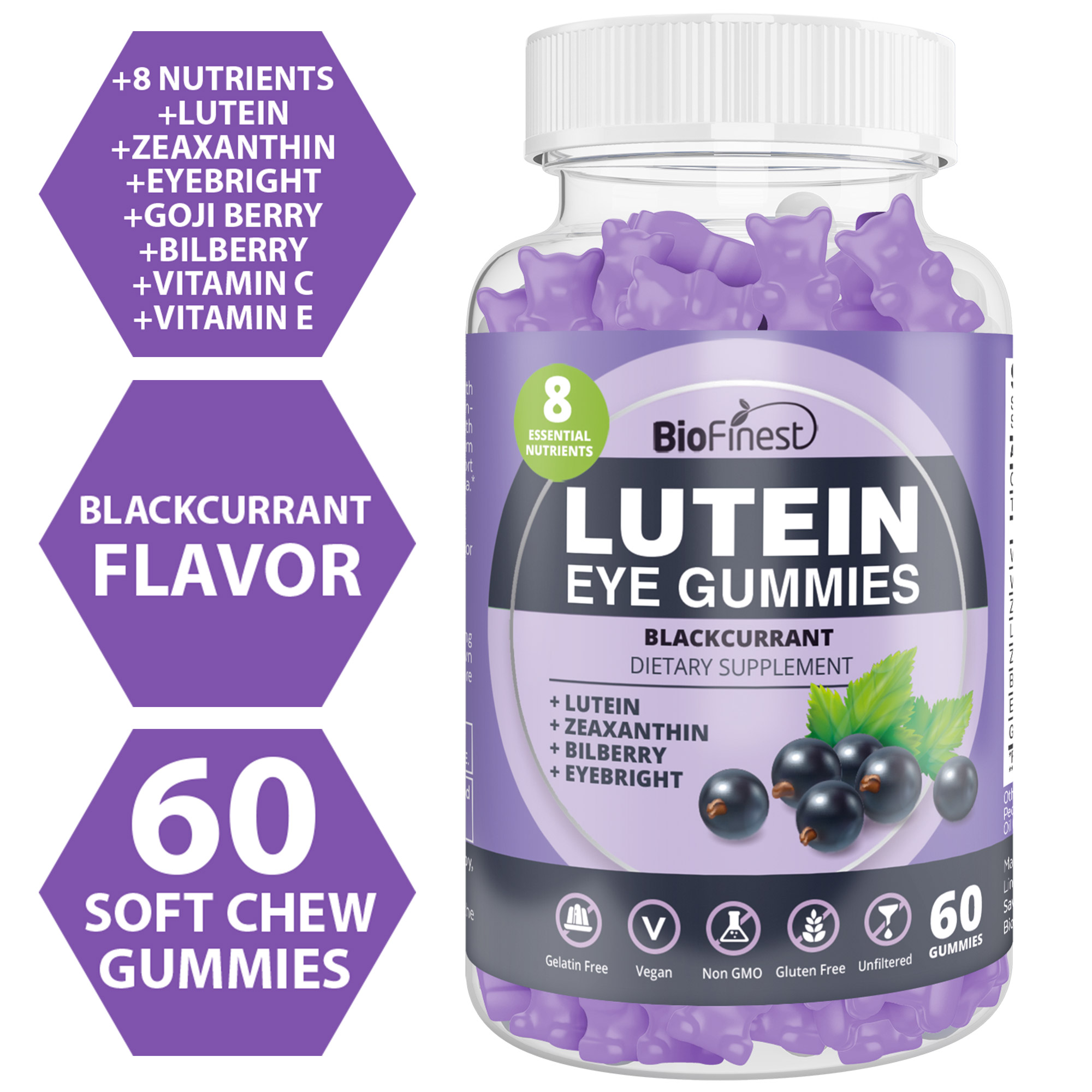 Biofinest Lutein Eye Gummy Supplement - Zeaxanthin Bilberry Eyebright ...