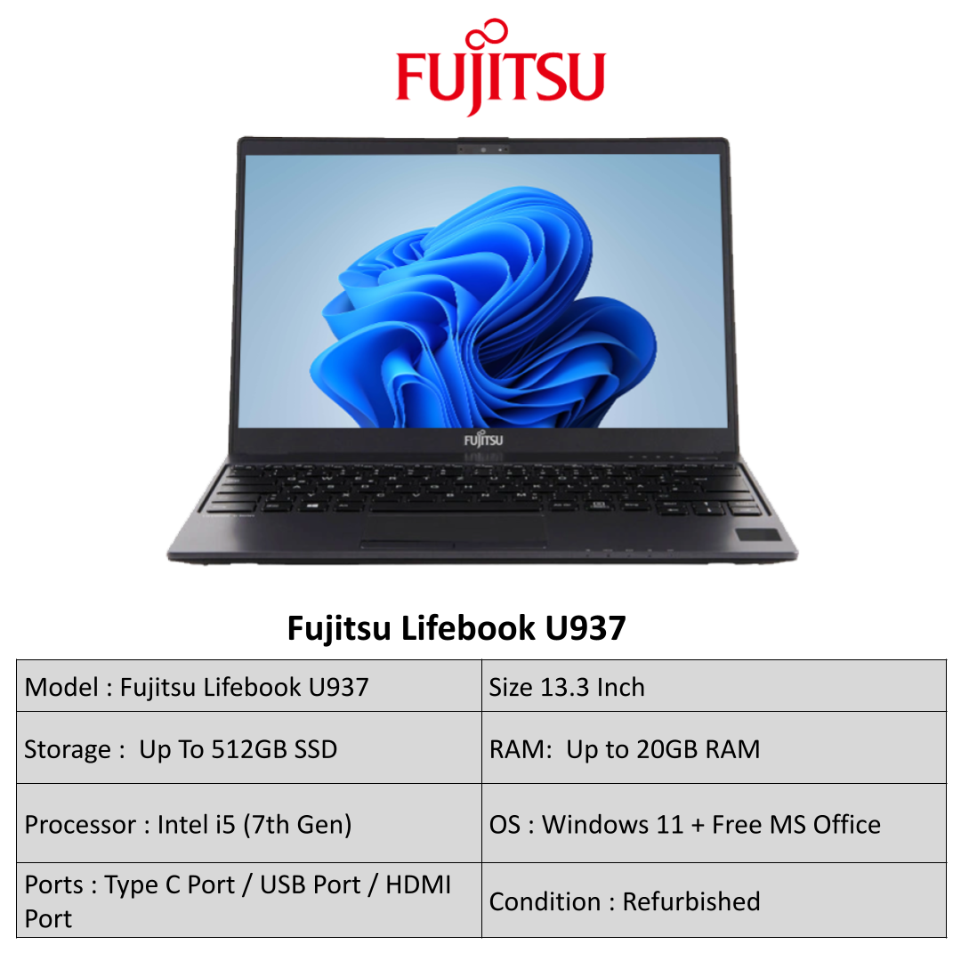 Fujitsu U937 | Ultra Slim Intel i7 Laptop | 512GB SSD | 20GB RAM | Fast ...