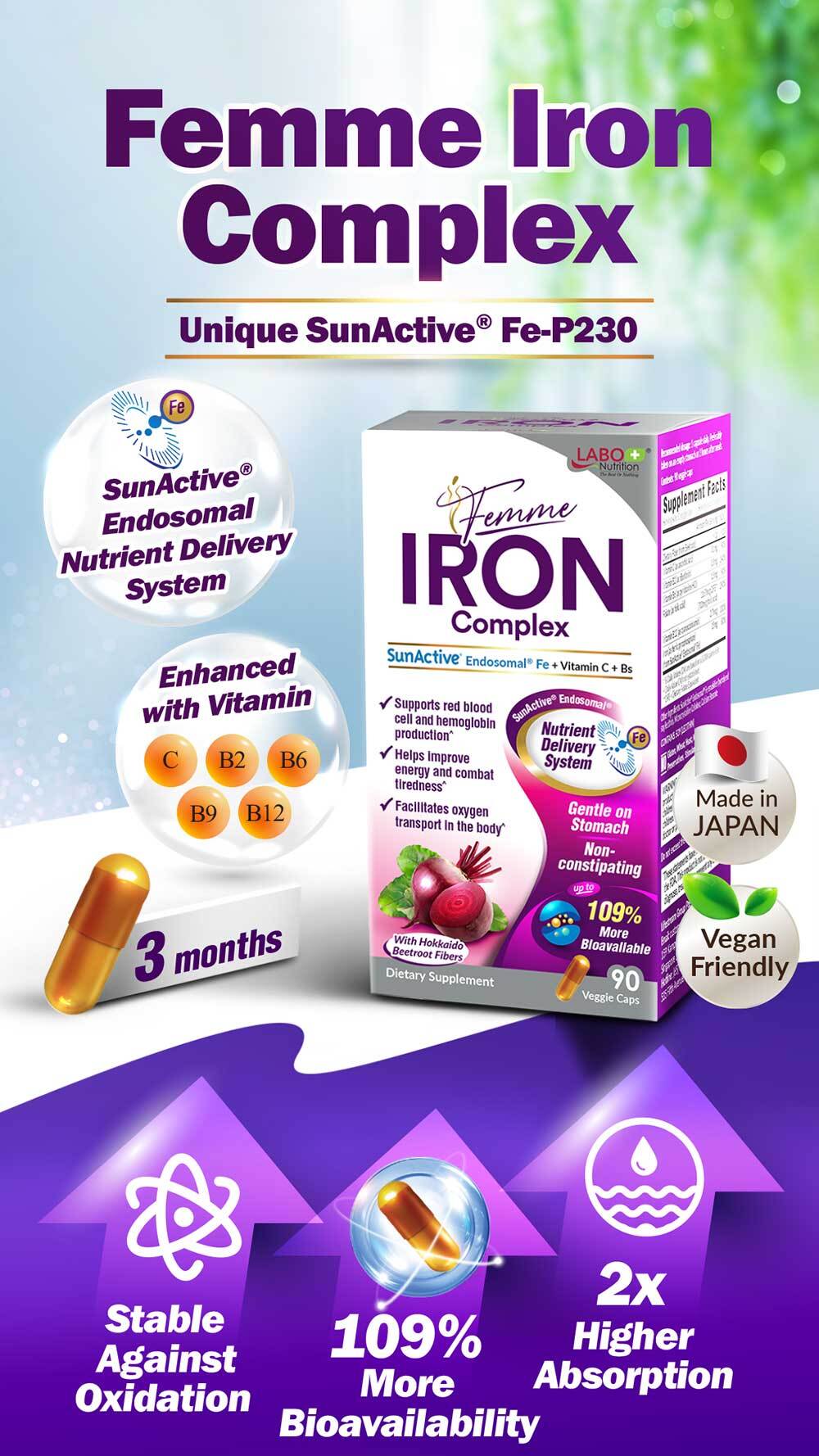 LABO Femme Iron Complex Supplement + Vitamin C Non Constipating No Metallic Taste For Tiredness ...