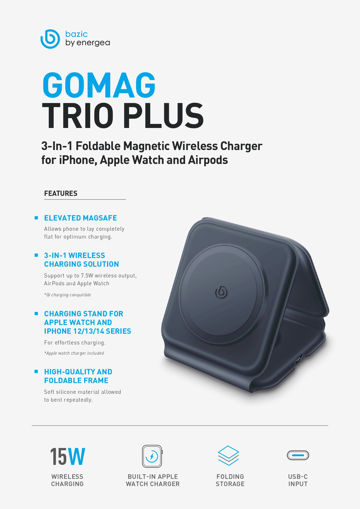 Energea Bazic GoMag Trio Plus 3 in 1 Foldable 15W Magnectic Wireless Charger | Shopee Singapore