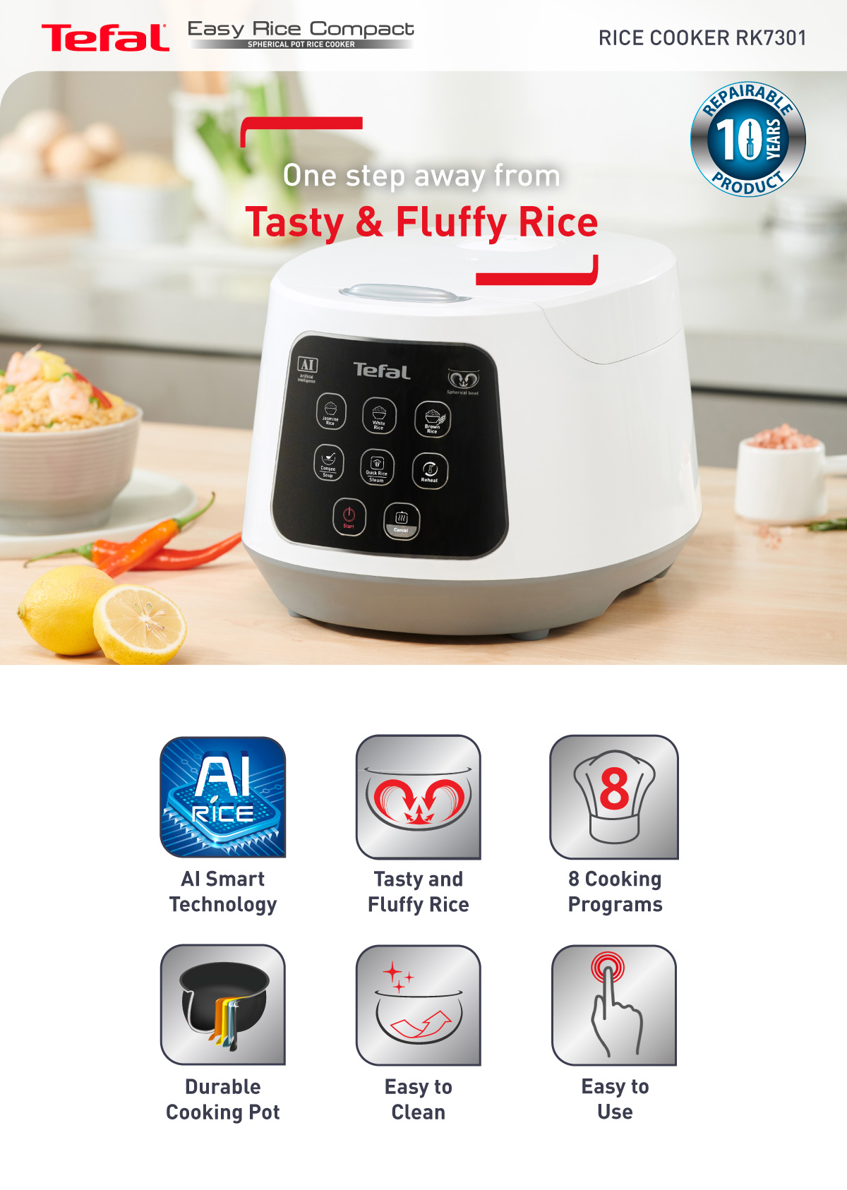 Tefal Easy Compact Fuzzy Logic Rice Cooker 1L RK7301 – 8 Programmes, AI, 4-Layer, Spherical Pot ...