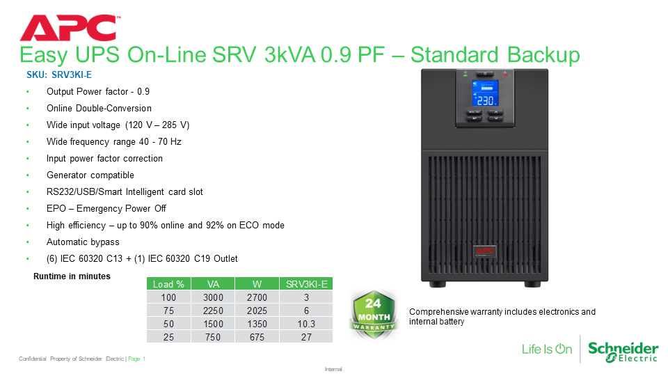 APC Easy UPS On-Line, 3000VA/2700W, Tower, 230V, 6x IEC C13 + 1x IEC C19 outlets, Intelligent ...