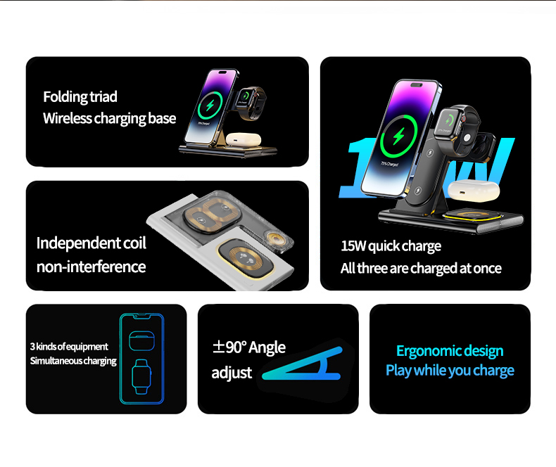 3 in 1 Wireless Charger Dock Station Dock Portable Foldable Fast ...