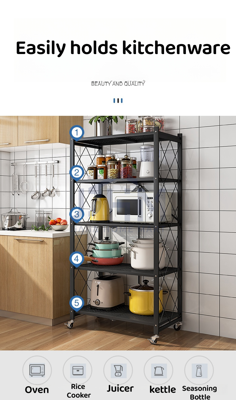 [Reinforce Steel] Installation-free kitchen folding storage rack floor ...