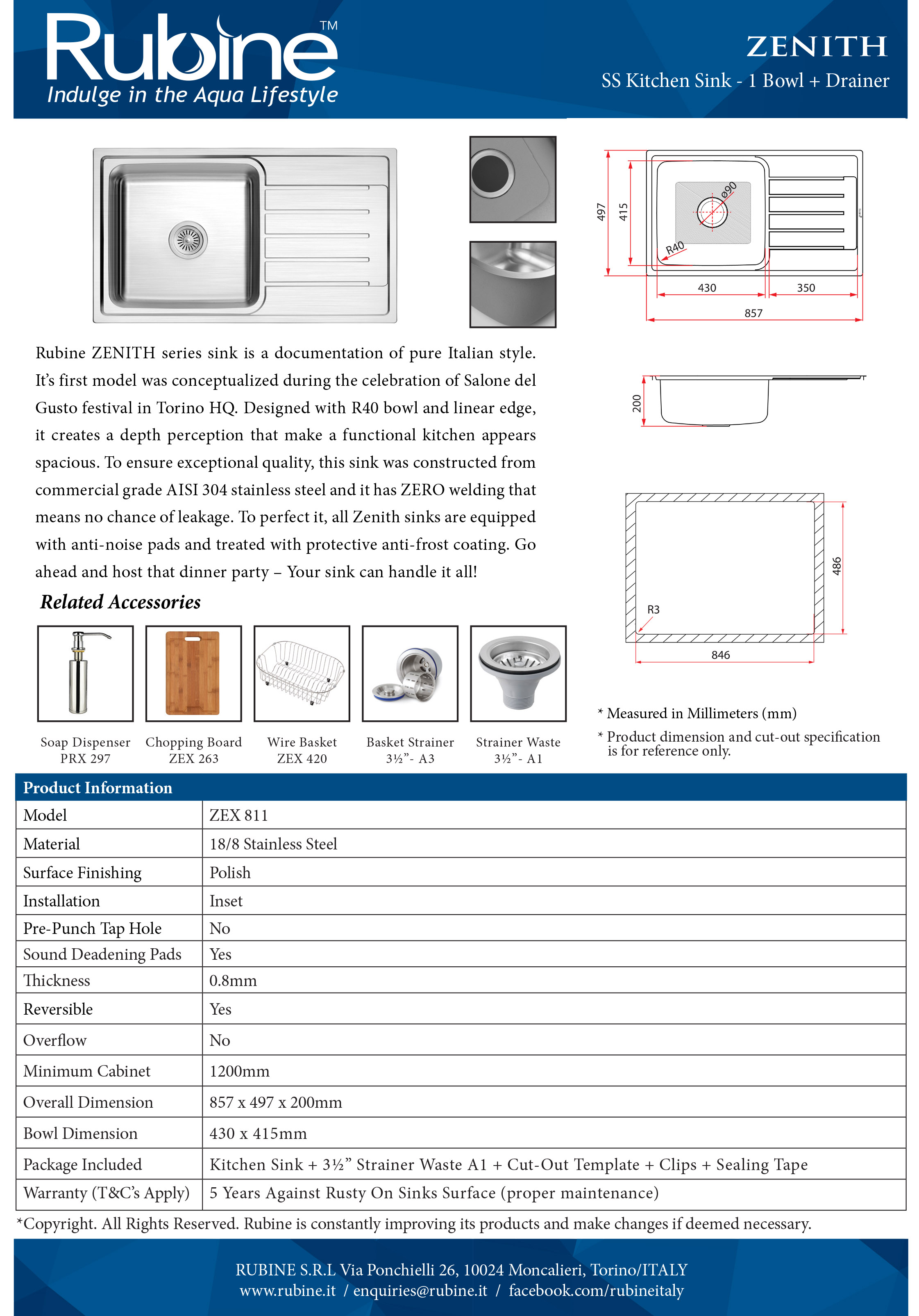 Rubine x sgPlumbMart ZEX 811 1 Bowl and Drainer Top Mount Stainless Steel Kitchen Sink Single ...