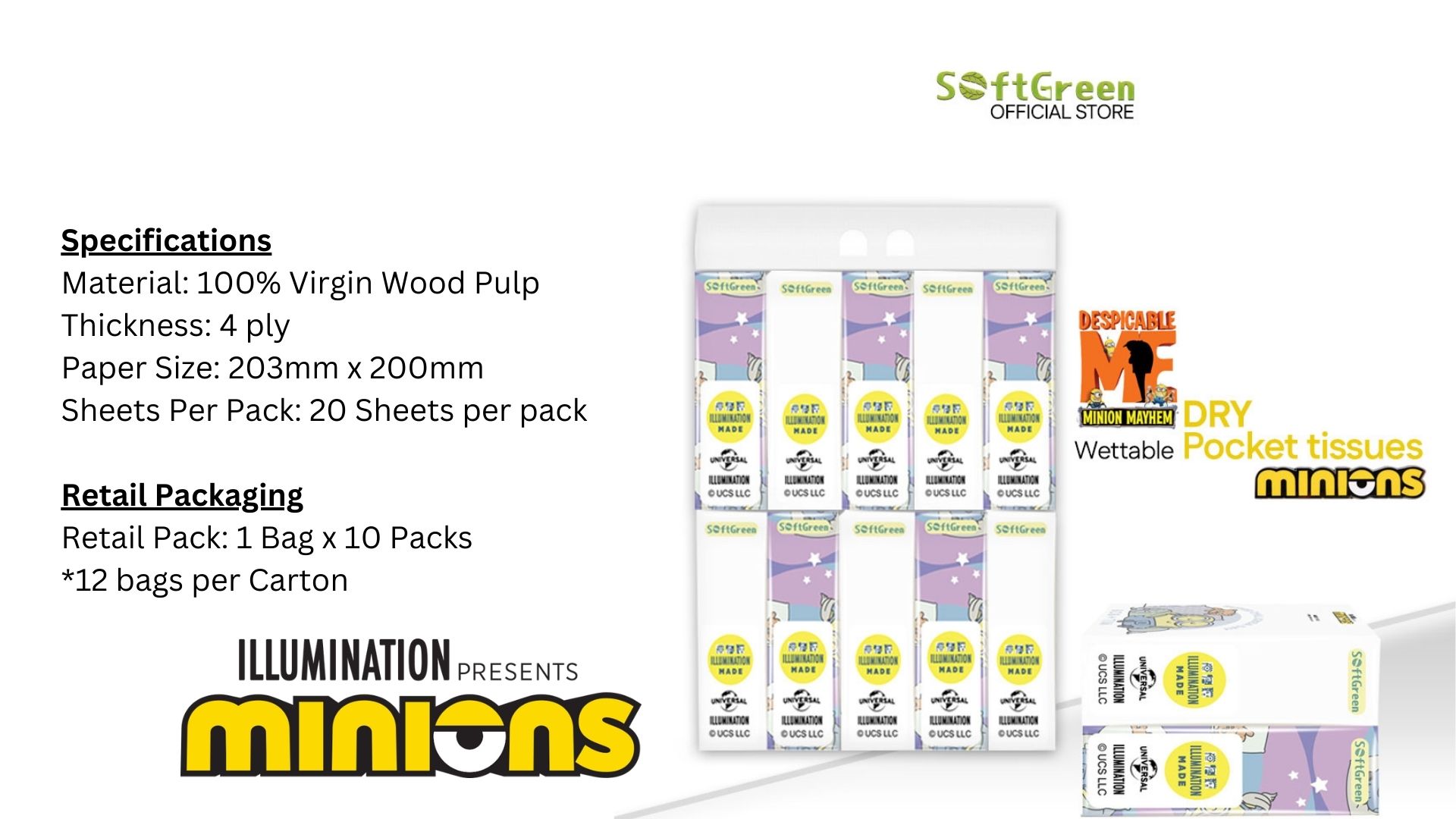 Minion Pocket Tissue Bigger (1 bag x 10 packs x 20s/pack) | SoftGreen x ...