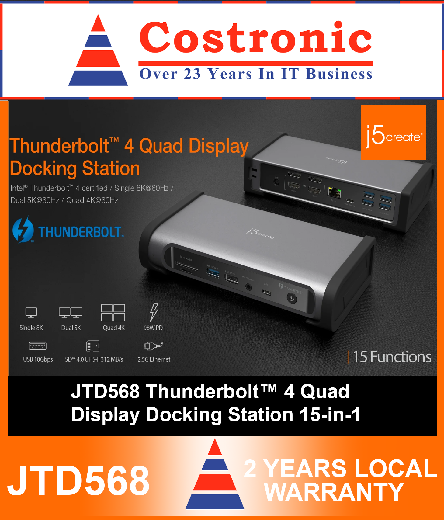 J5Create JTD568 Thunderbolt 4 Quad Display 15-in-1 Docking Station (2 ...