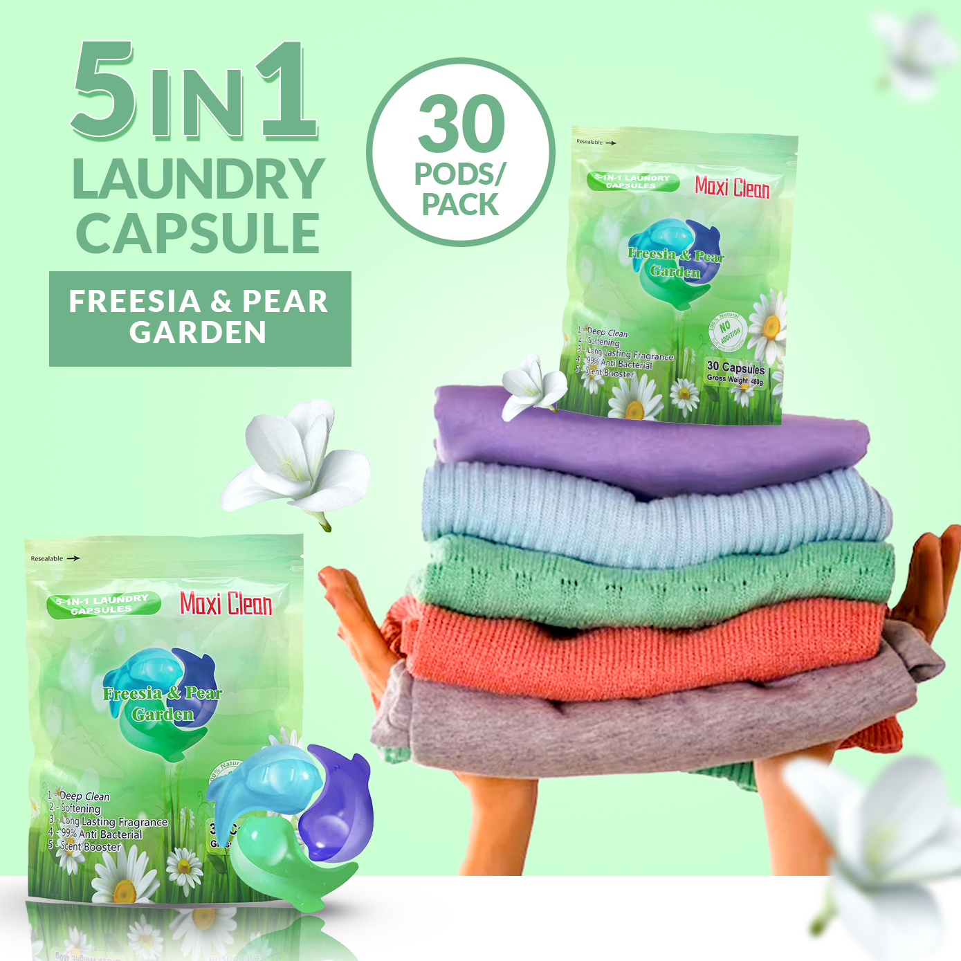 [Maxi Clean] READY STOCK 30 pods - 5 in 1 Laundry Capsule / 5 Types Available | Shopee Singapore
