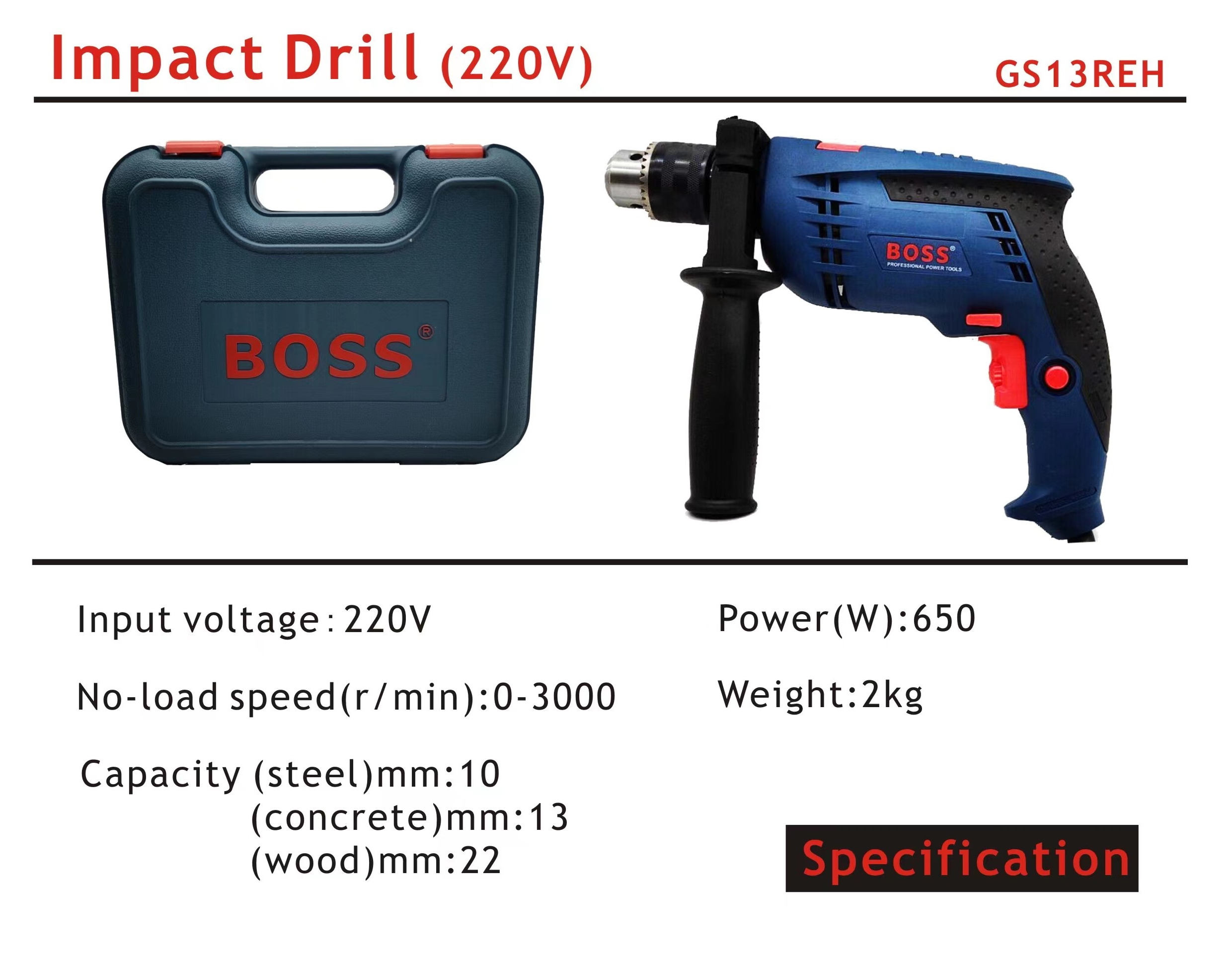 BOSS Impact Drill 650W Steel/Concrete/Wood/Tile Hand Home/Industrial ...