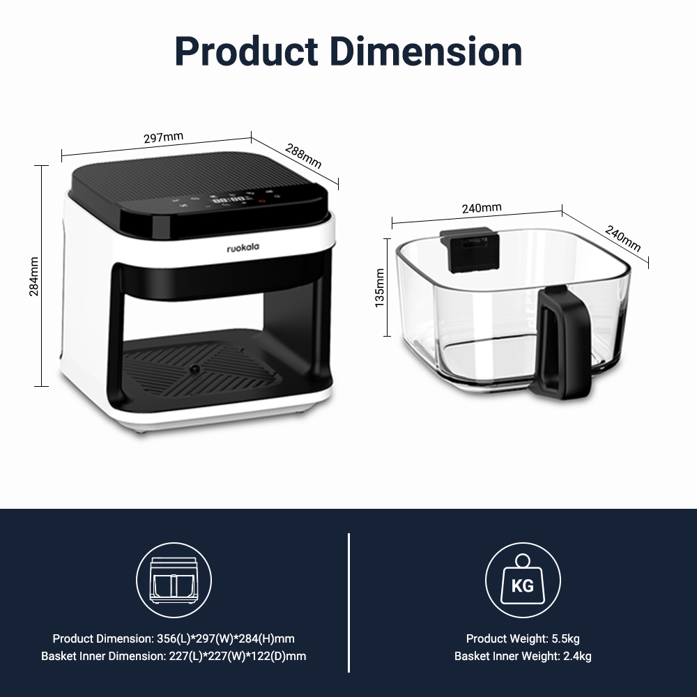 Ruokala Mini Air Fryer LED Digital Touch Screen, Transparent Glass ...